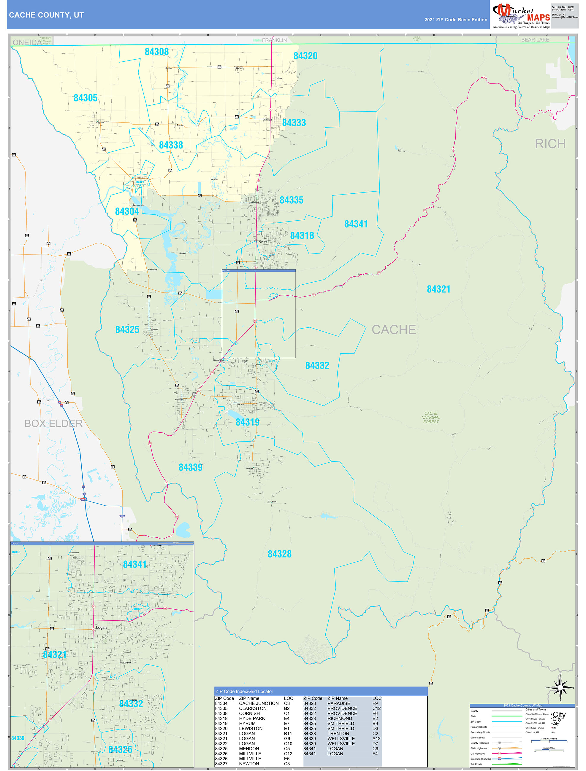 Cache County, UT Zip Code Wall Map Basic Style by MarketMAPS - MapSales