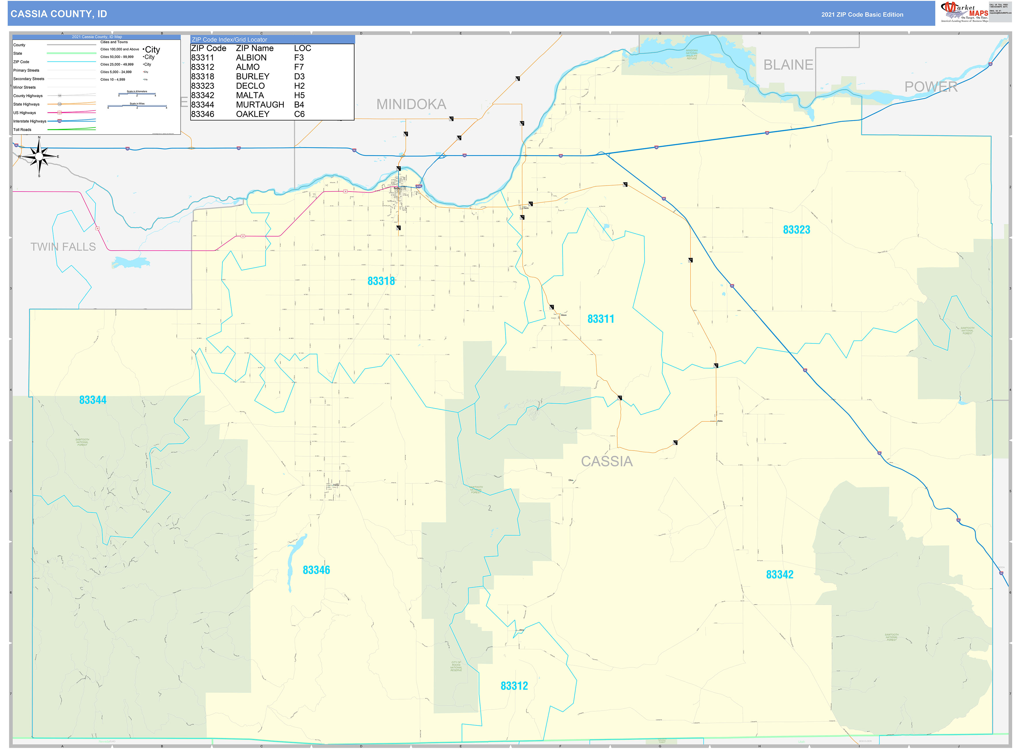Cassia County, ID Zip Code Wall Map Basic Style by MarketMAPS - MapSales
