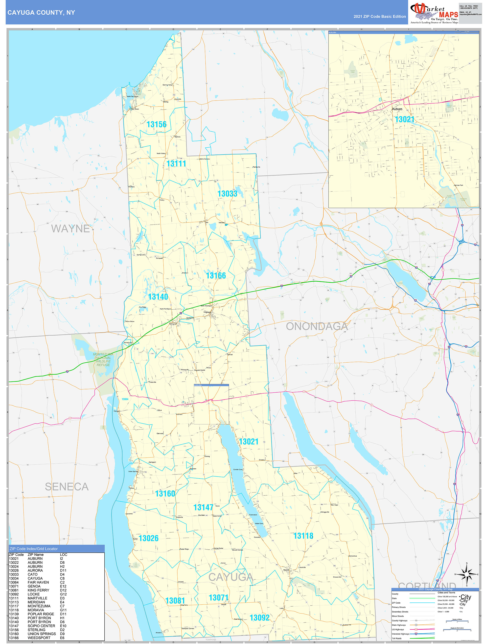 Cayuga County, NY Zip Code Wall Map Basic Style by MarketMAPS - MapSales
