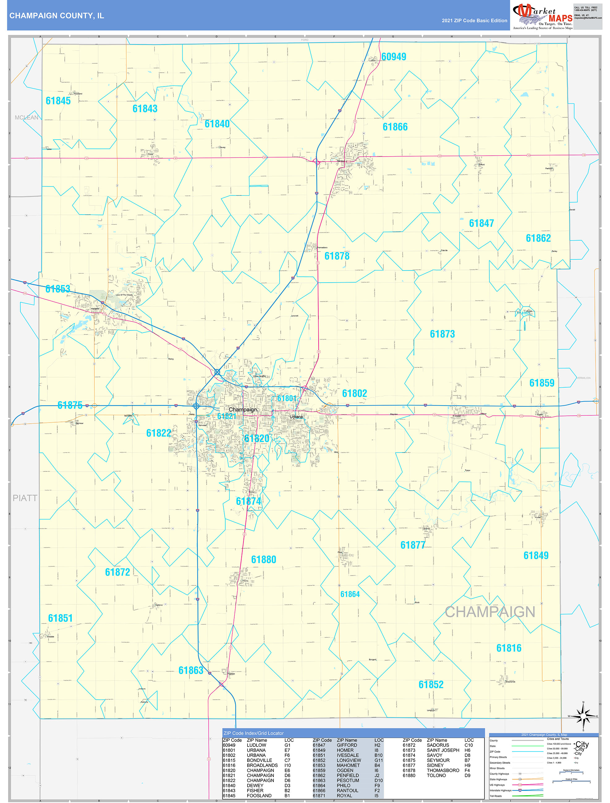 Champaign County, IL Zip Code Wall Map Basic Style by MarketMAPS - MapSales
