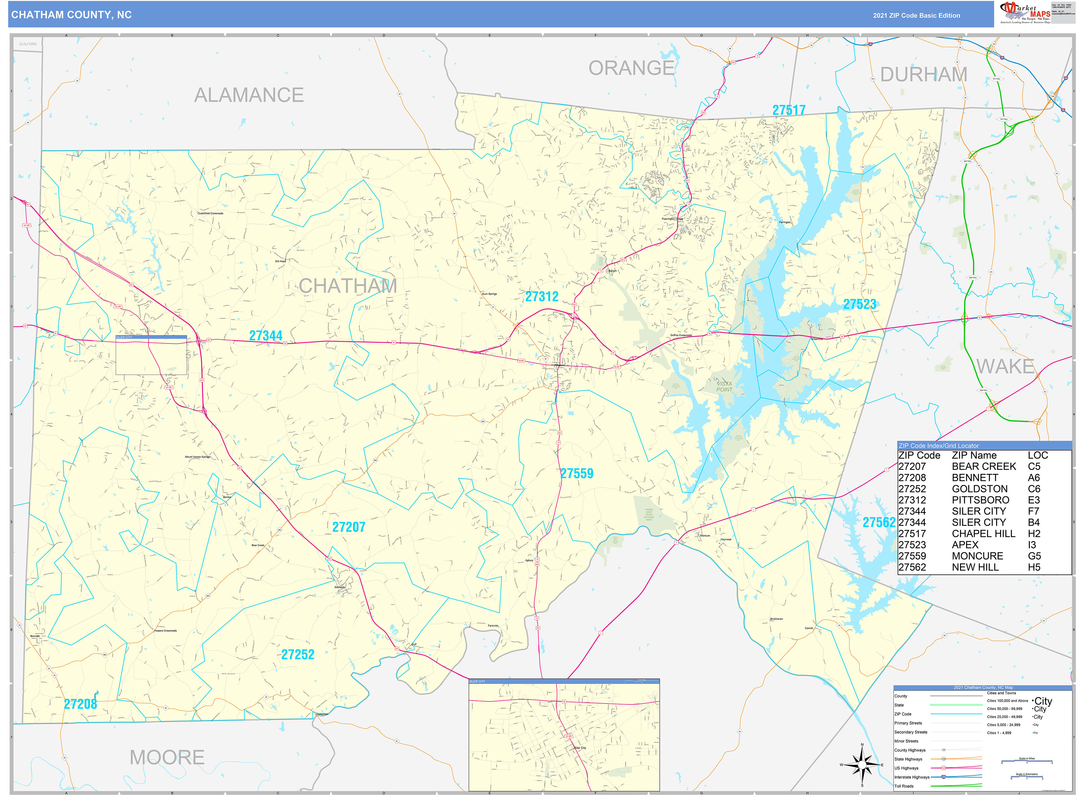 Chatham County, NC Zip Code Wall Map Basic Style by MarketMAPS - MapSales