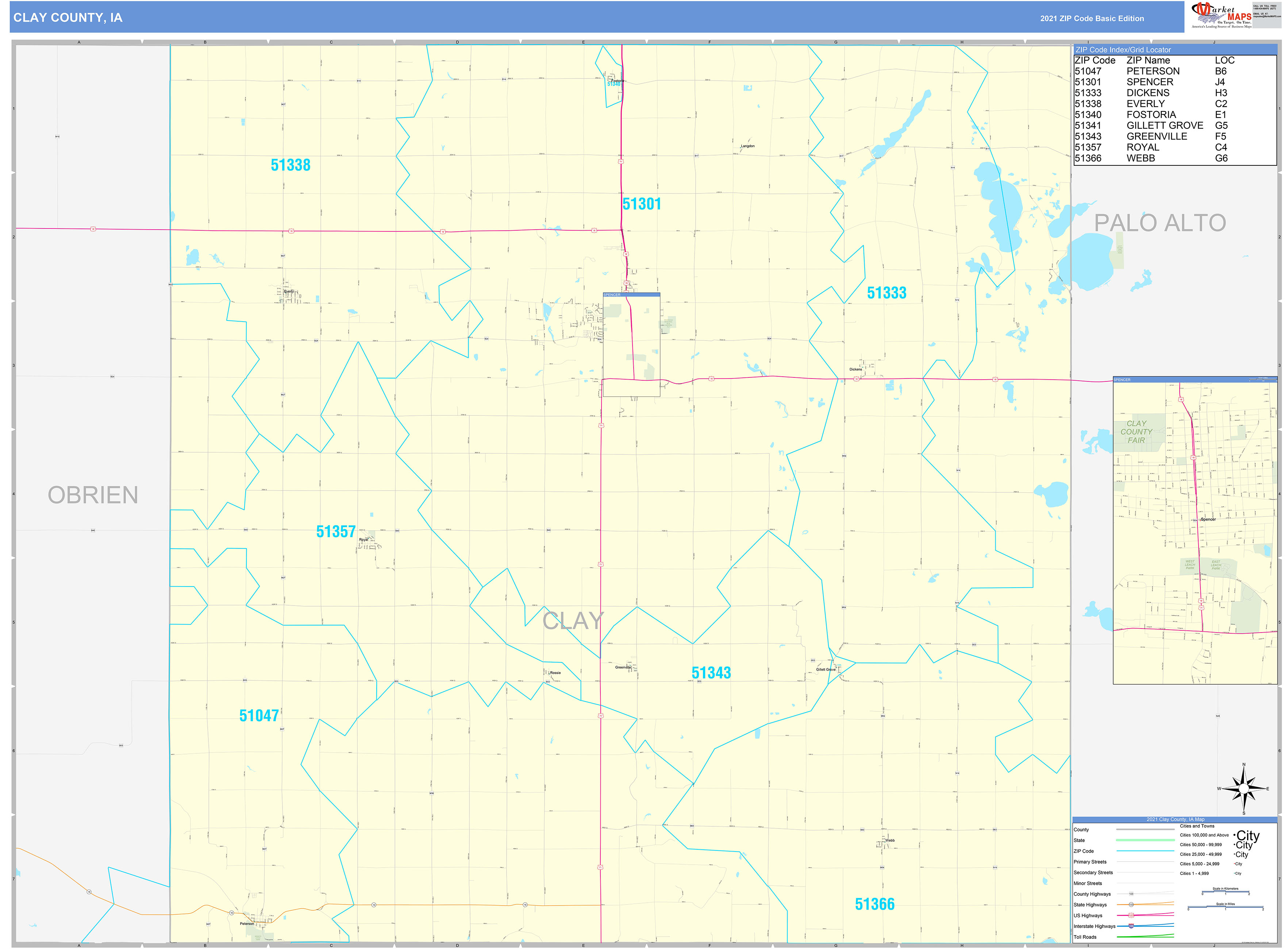 Clay County, IA Zip Code Wall Map Basic Style by MarketMAPS - MapSales.com