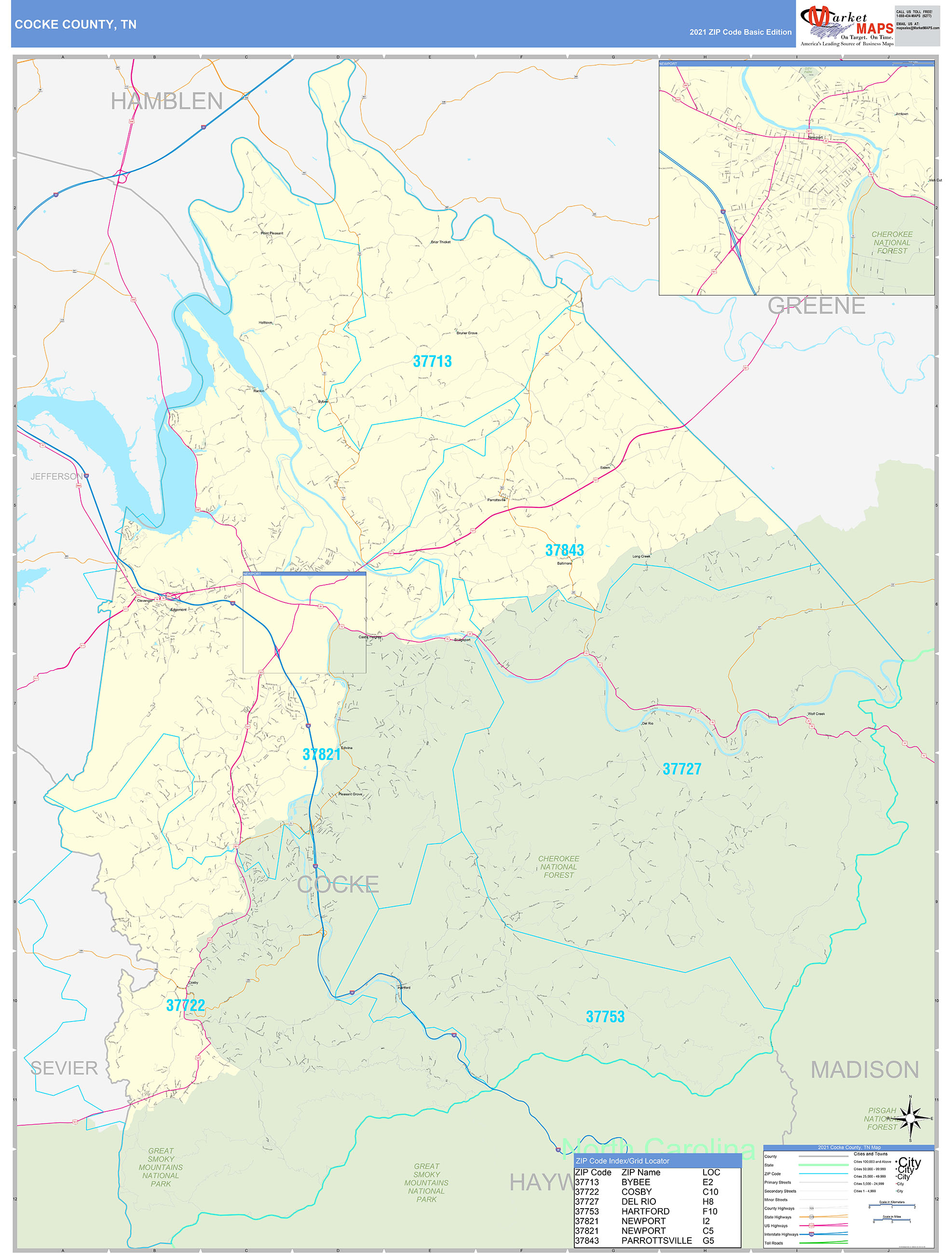 Cocke County, TN Zip Code Wall Map Basic Style by MarketMAPS - MapSales
