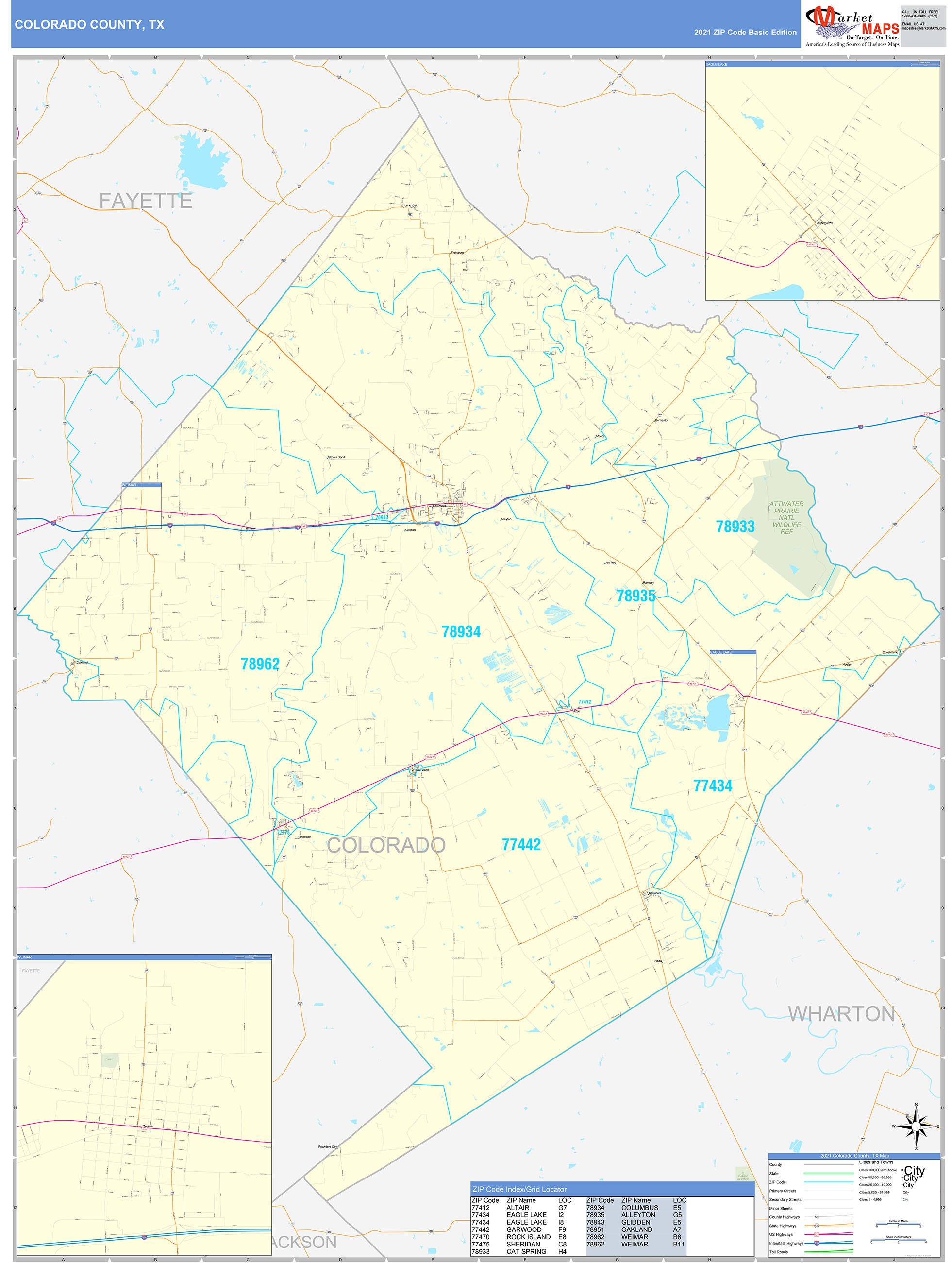 Colorado County, TX Zip Code Wall Map Basic Style by MarketMAPS - MapSales