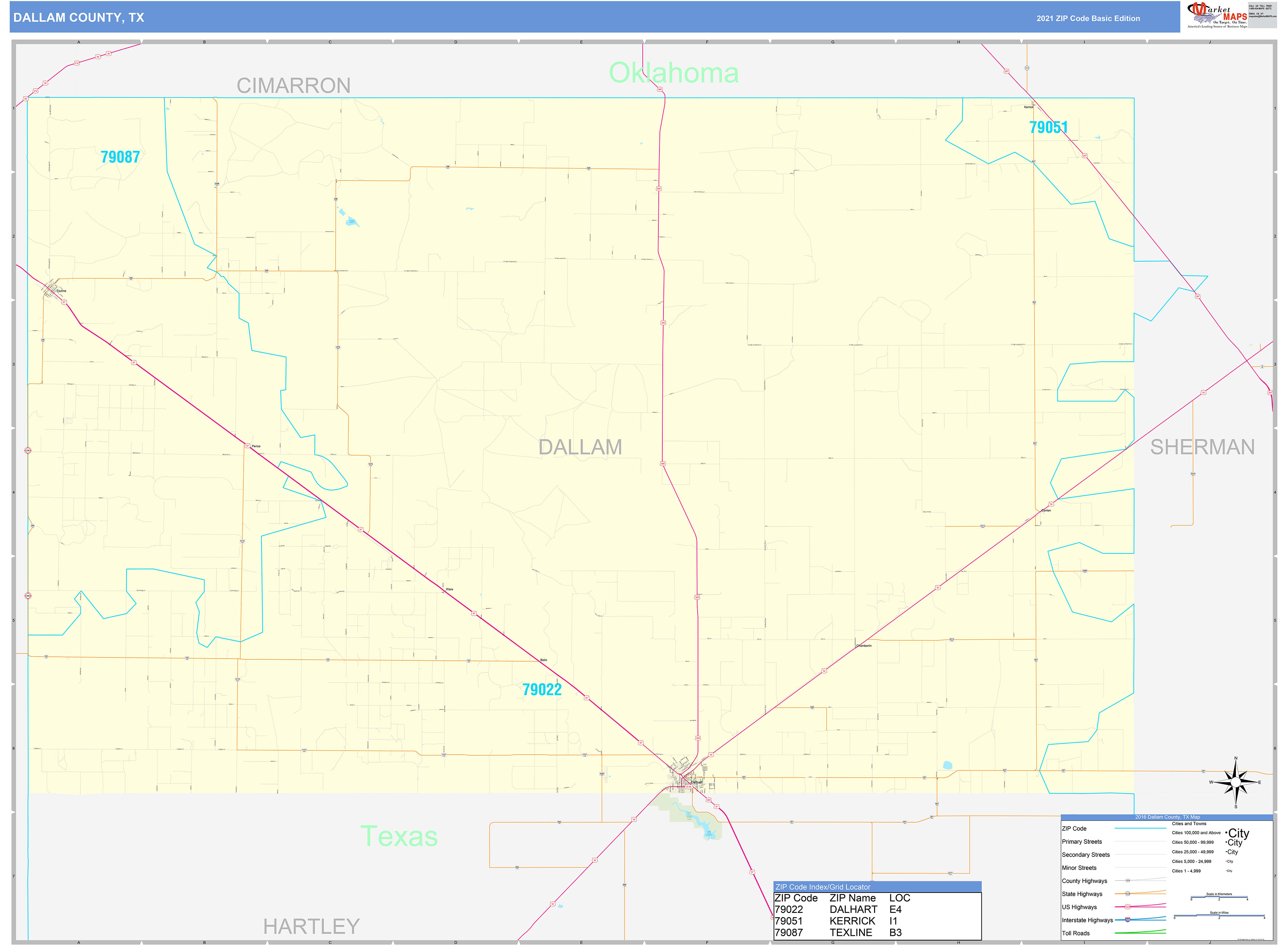 Dallam County, TX Zip Code Wall Map Basic Style by MarketMAPS - MapSales