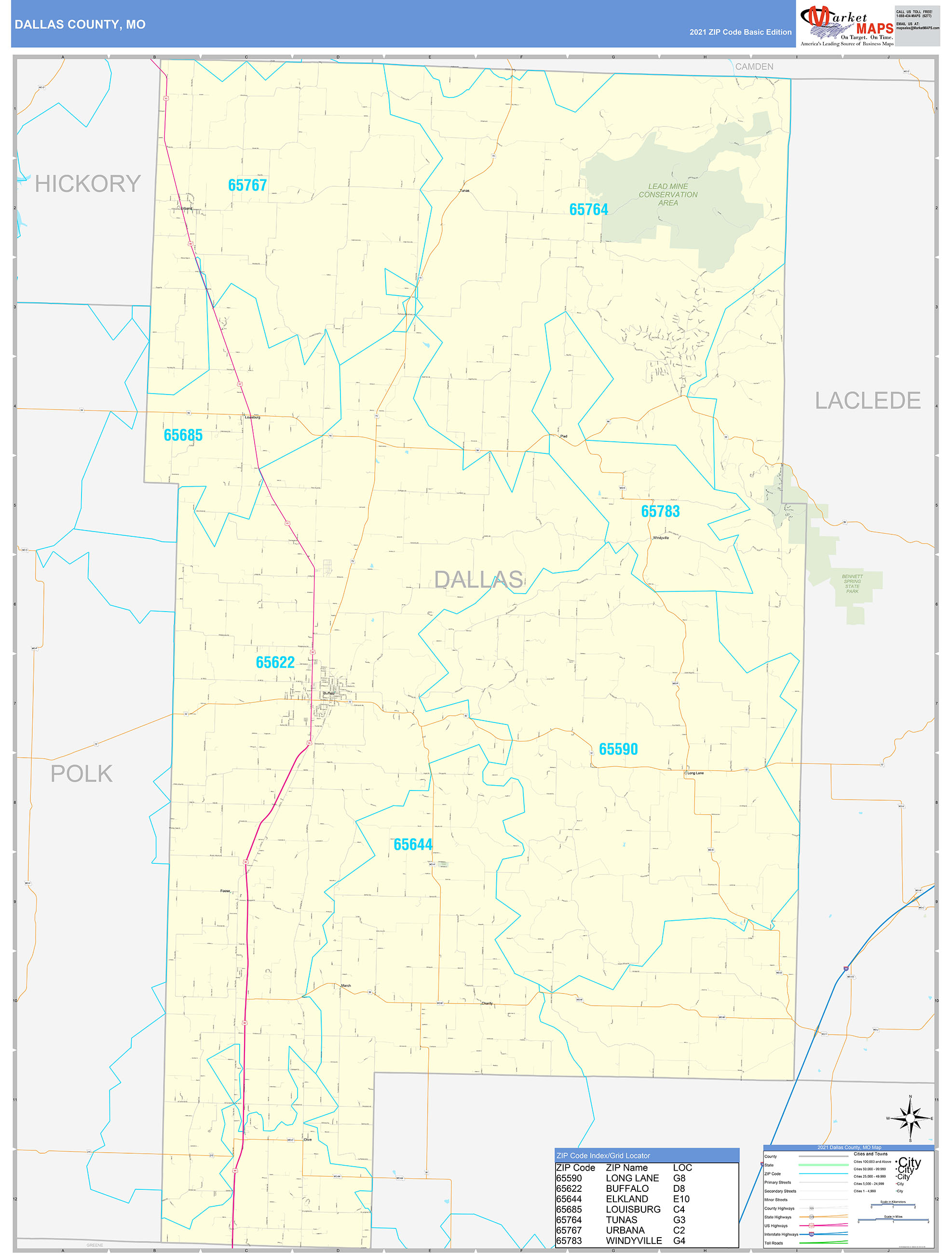 Dallas County, MO Zip Code Wall Map Basic Style by MarketMAPS - MapSales