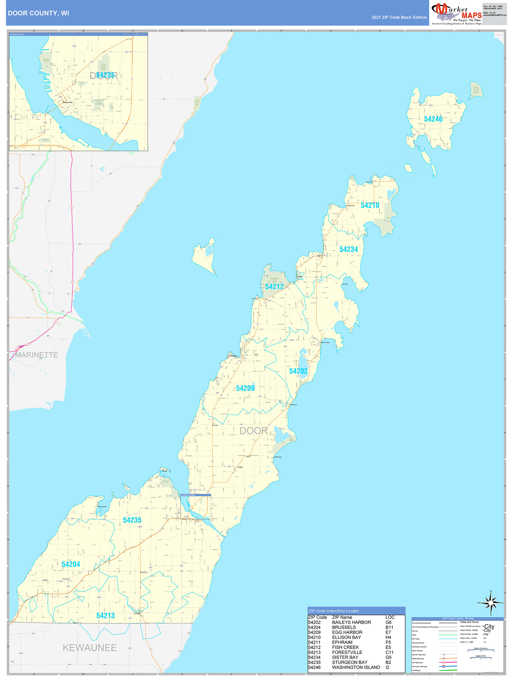 Door County, WI Zip Code Wall Map Basic Style by MarketMAPS - MapSales