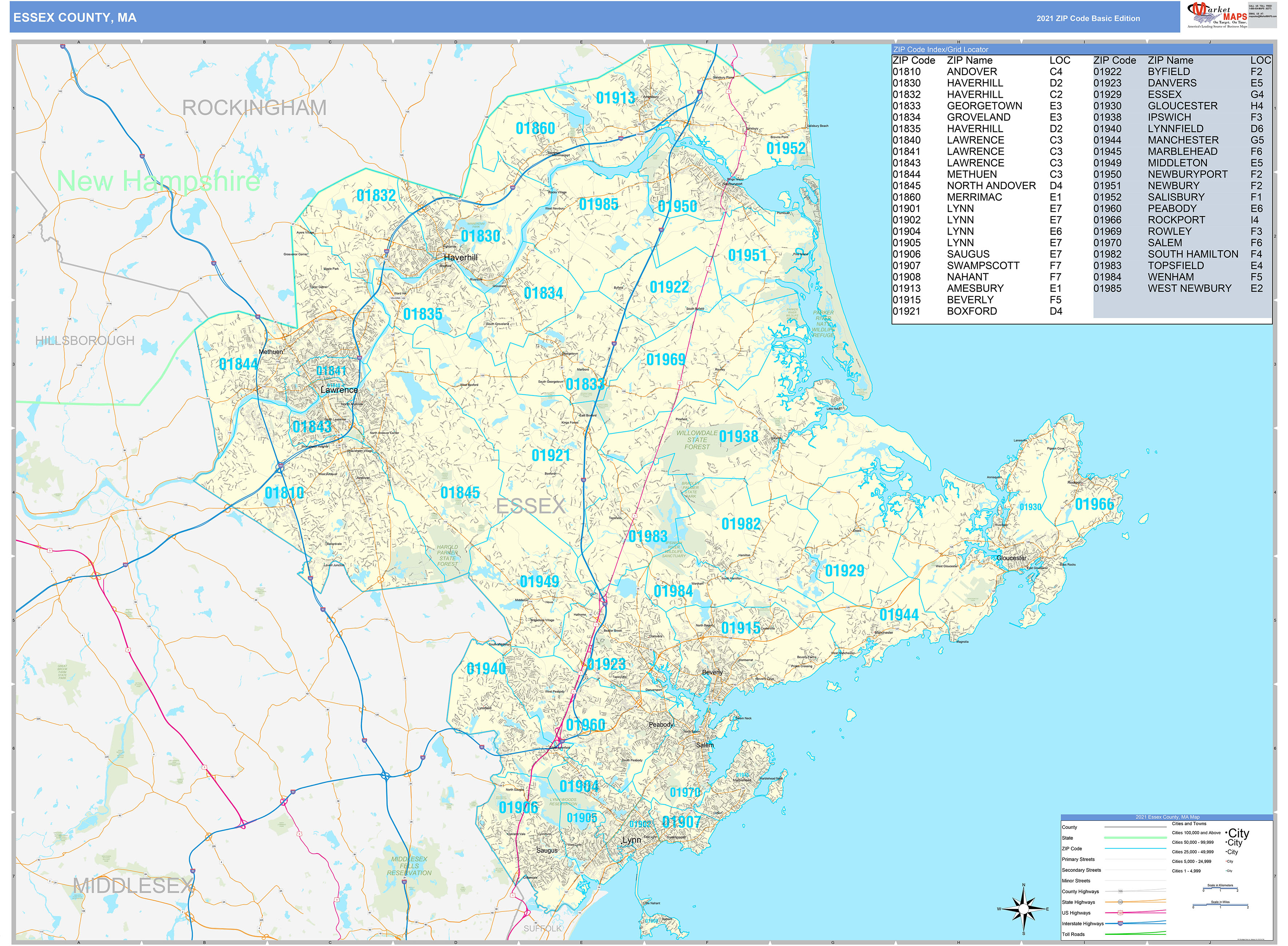 Essex County Ma Zip Code Wall Map Basic Style By Marketmaps