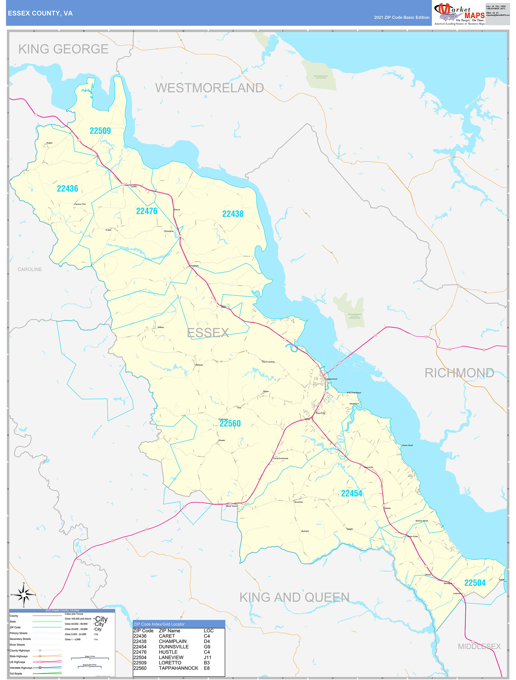 Essex County Va Zip Code Wall Map Basic Style By Marketmaps