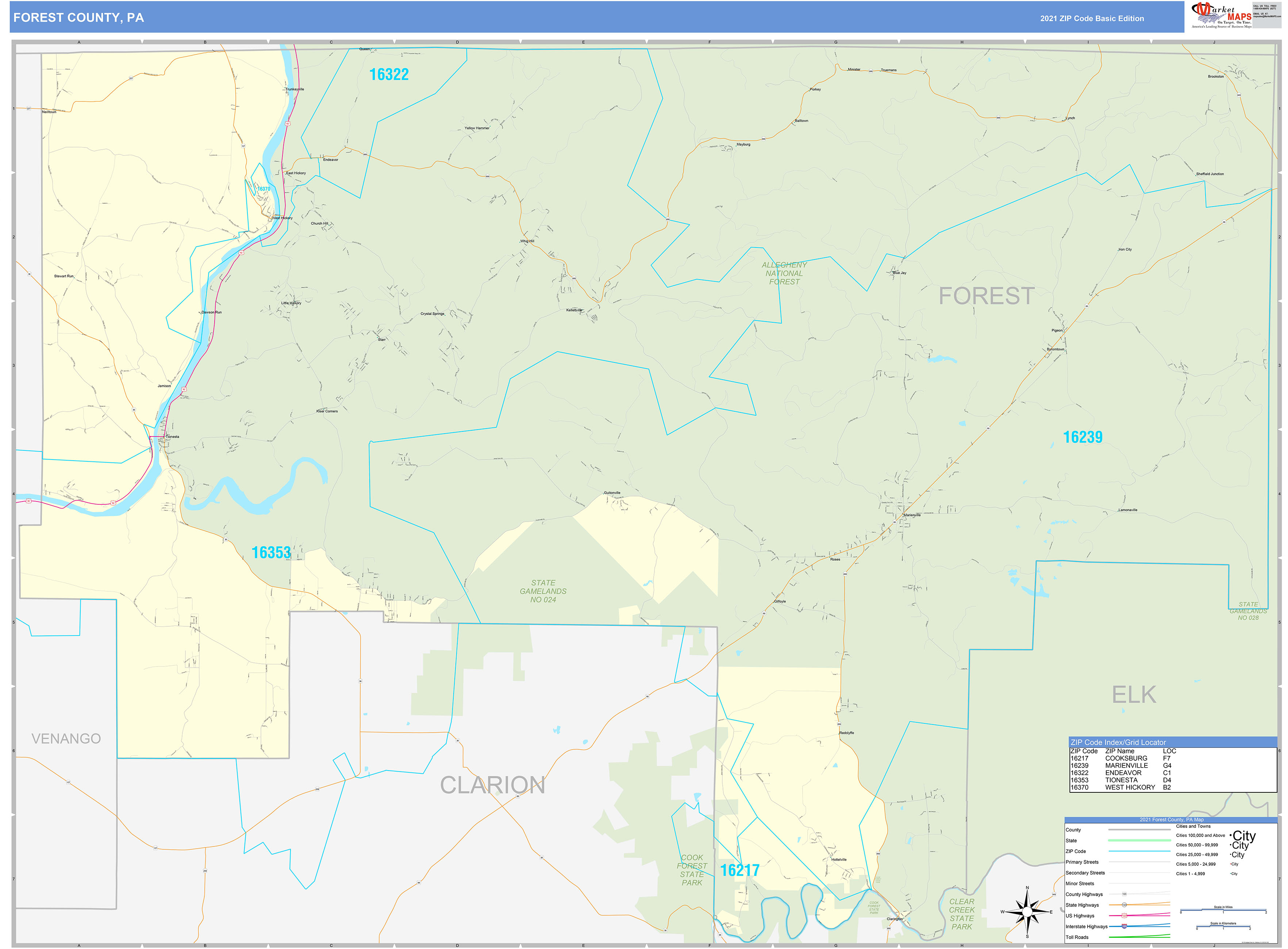 Forest County, PA Zip Code Wall Map Basic Style by MarketMAPS - MapSales