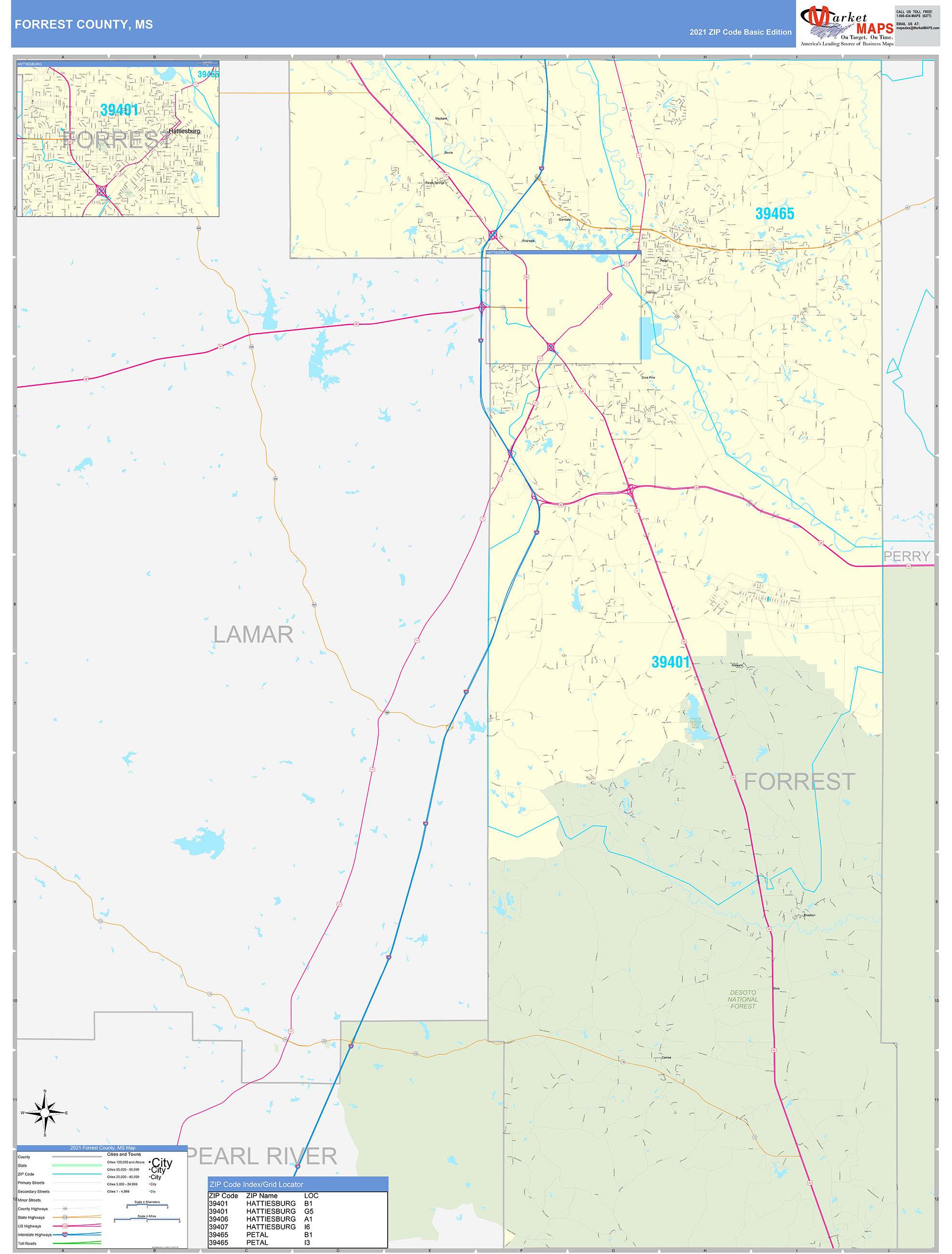 Forrest County, MS Zip Code Wall Map Basic Style by MarketMAPS ...