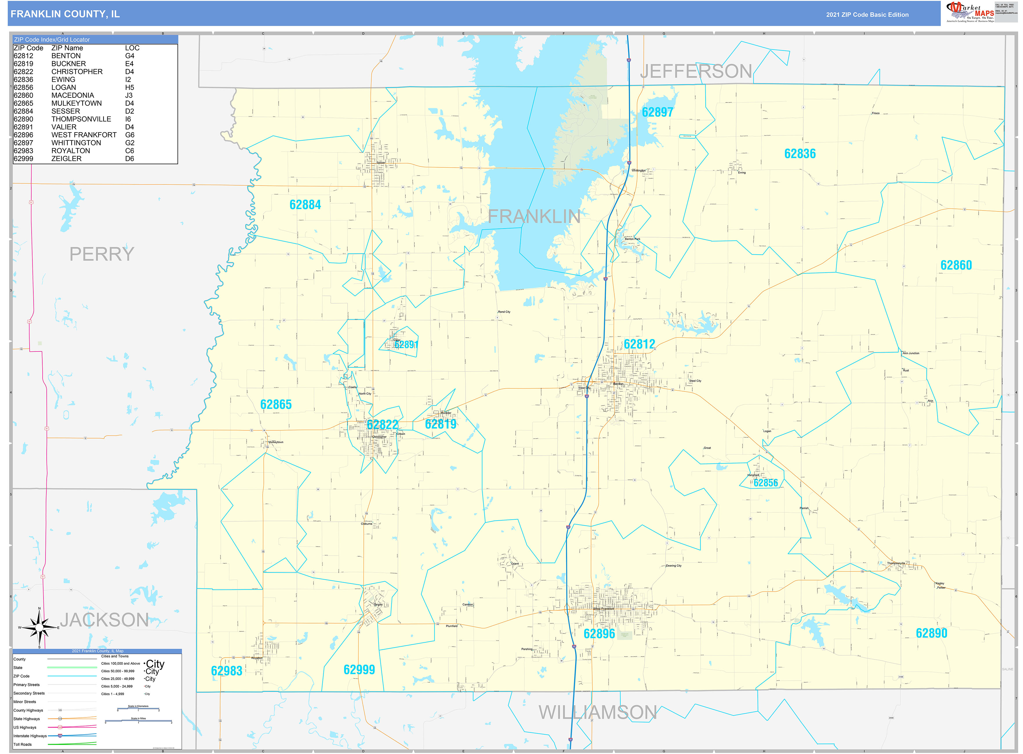 Franklin County, IL Zip Code Wall Map Basic Style by MarketMAPS - MapSales