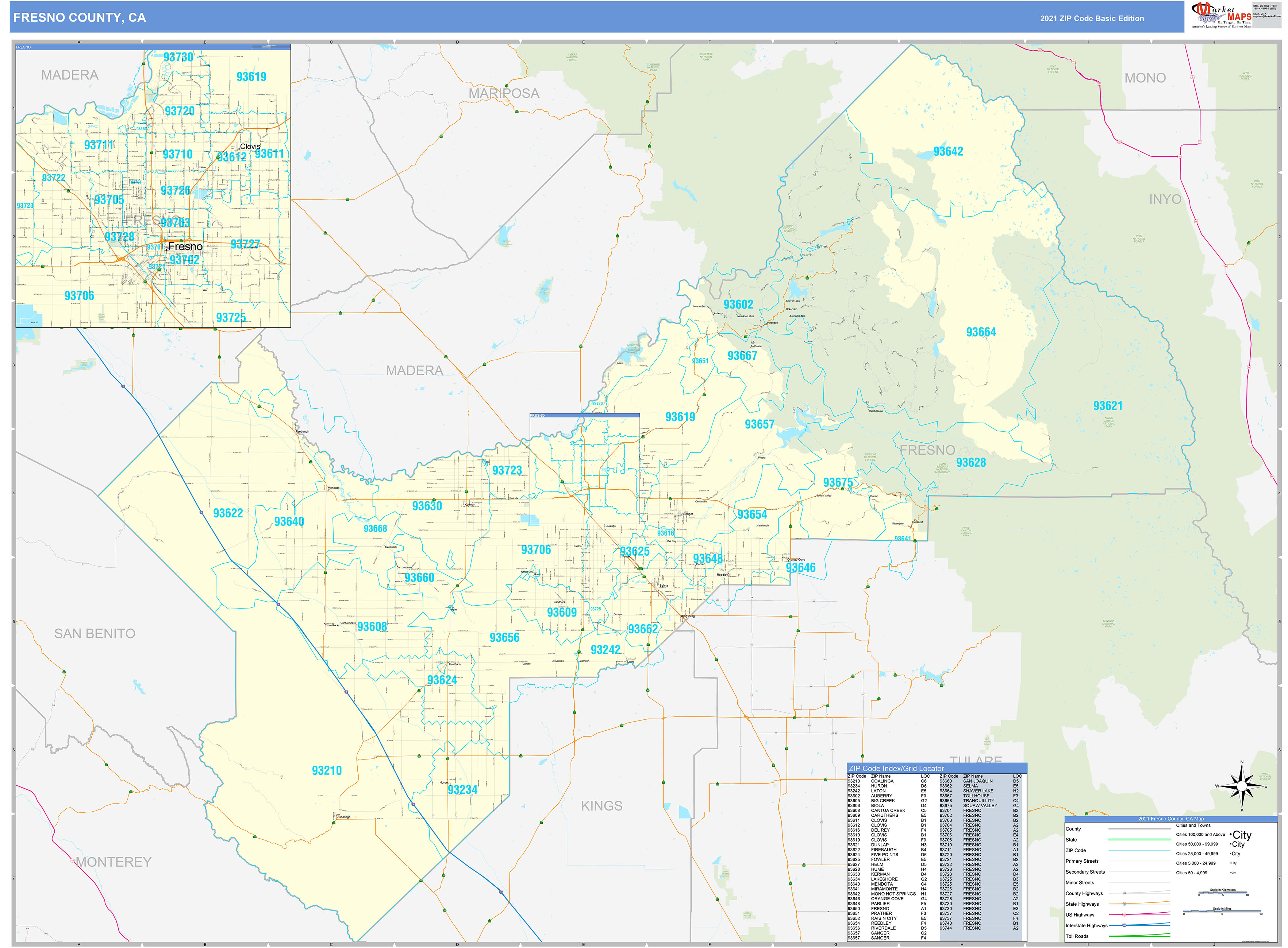 Fresno County, CA Zip Code Wall Map Basic Style by MarketMAPS - MapSales