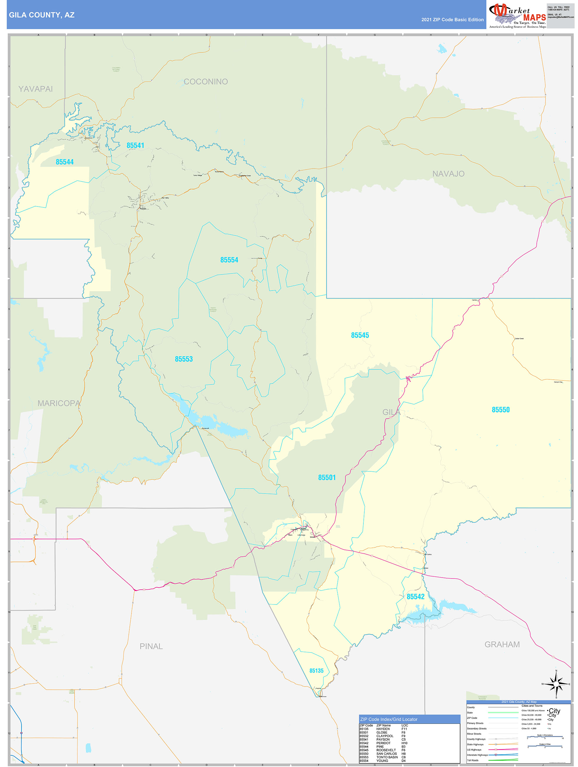 Gila County, AZ Zip Code Wall Map Basic Style by MarketMAPS
