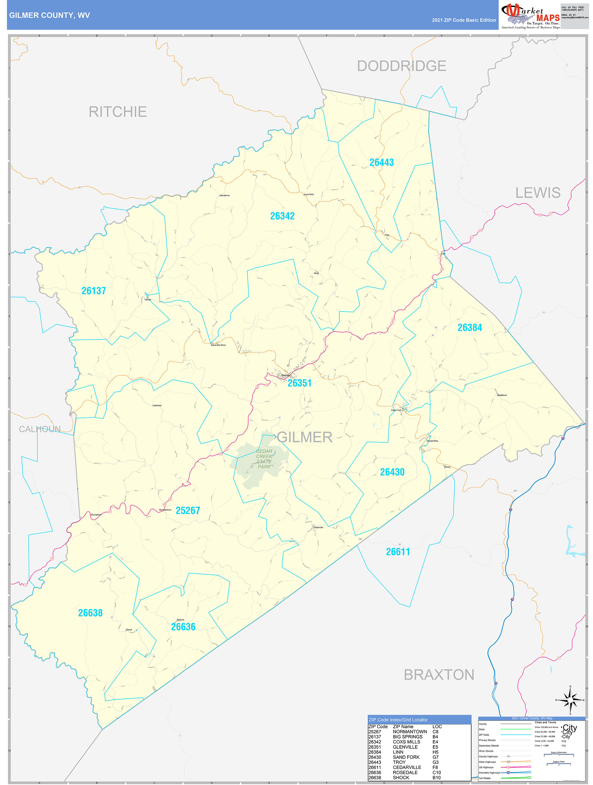 Gilmer County, WV Zip Code Wall Map Basic Style by MarketMAPS - MapSales