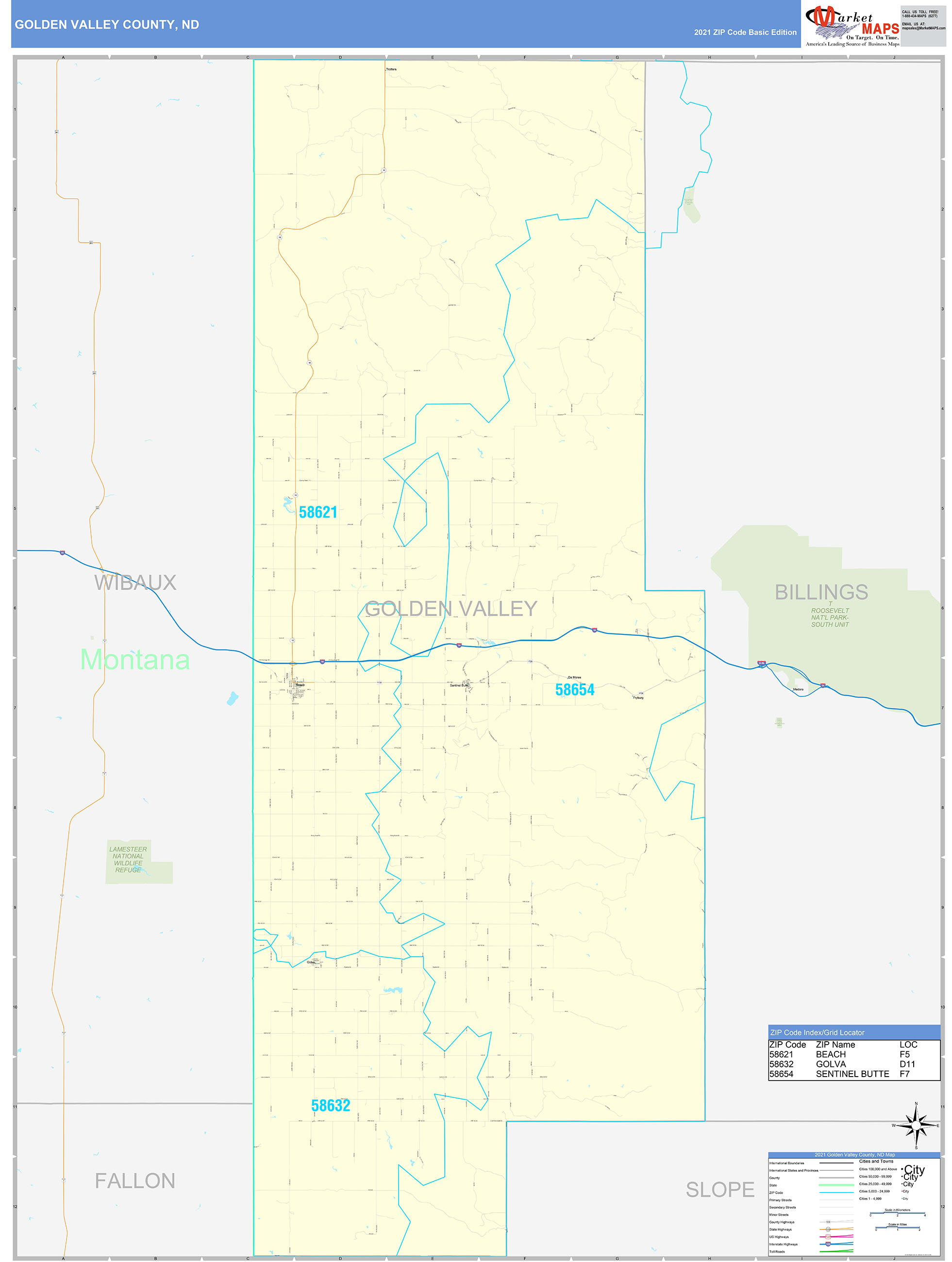 Golden Valley County, ND Zip Code Wall Map Basic Style by MarketMAPS