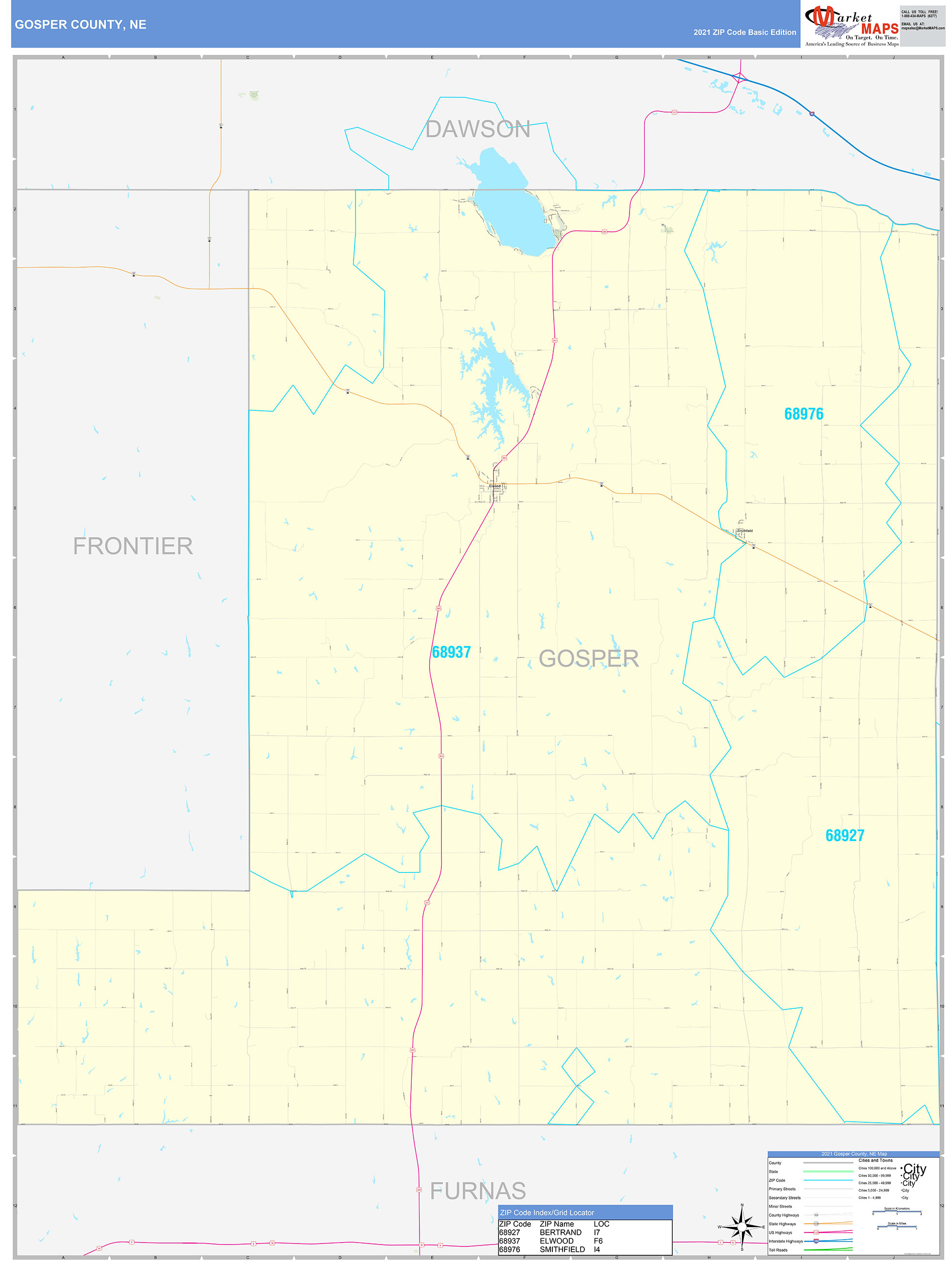 Gosper County, NE Zip Code Wall Map Basic Style by MarketMAPS - MapSales