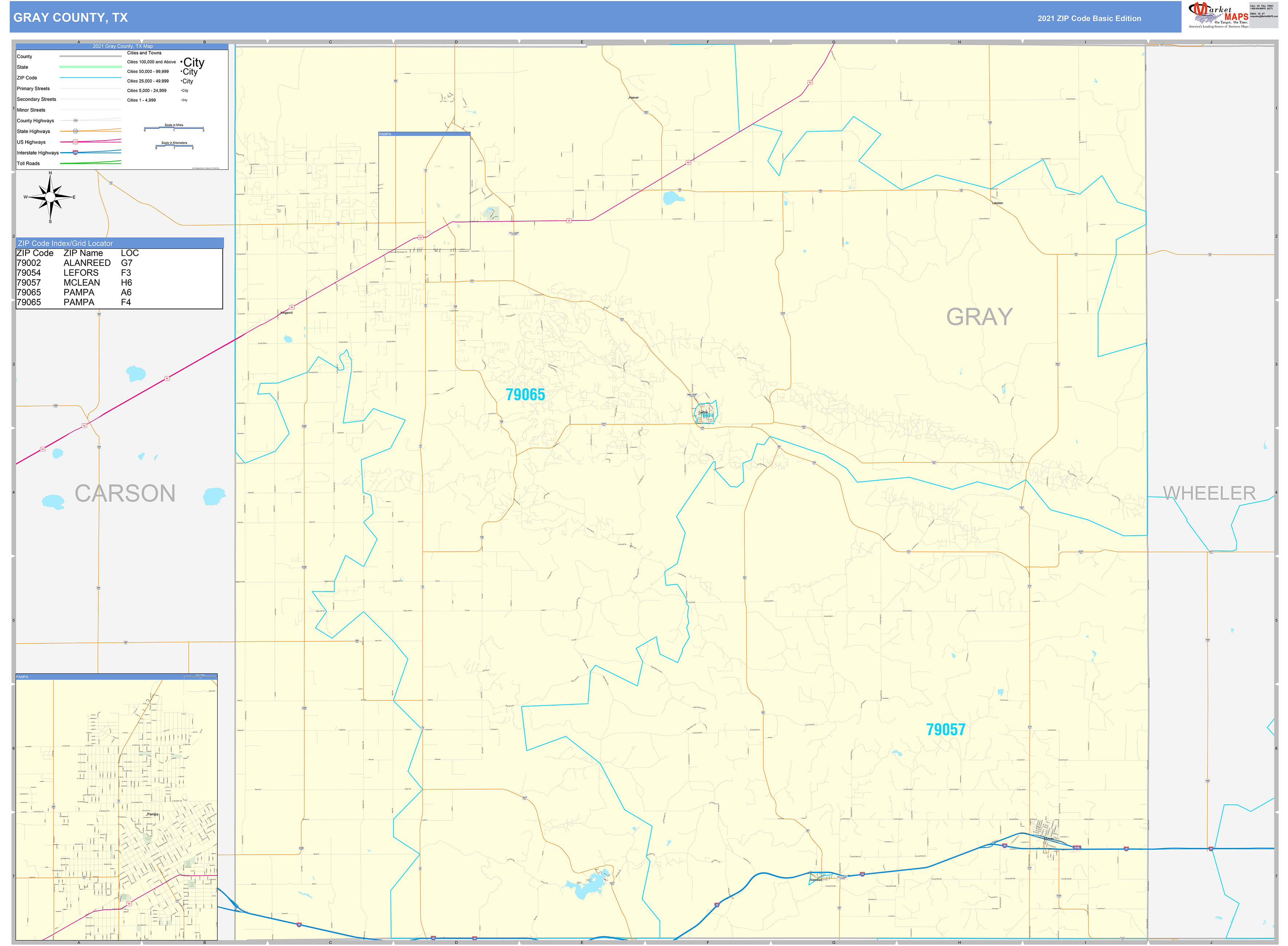 Gray County, TX Zip Code Wall Map Basic Style by MarketMAPS