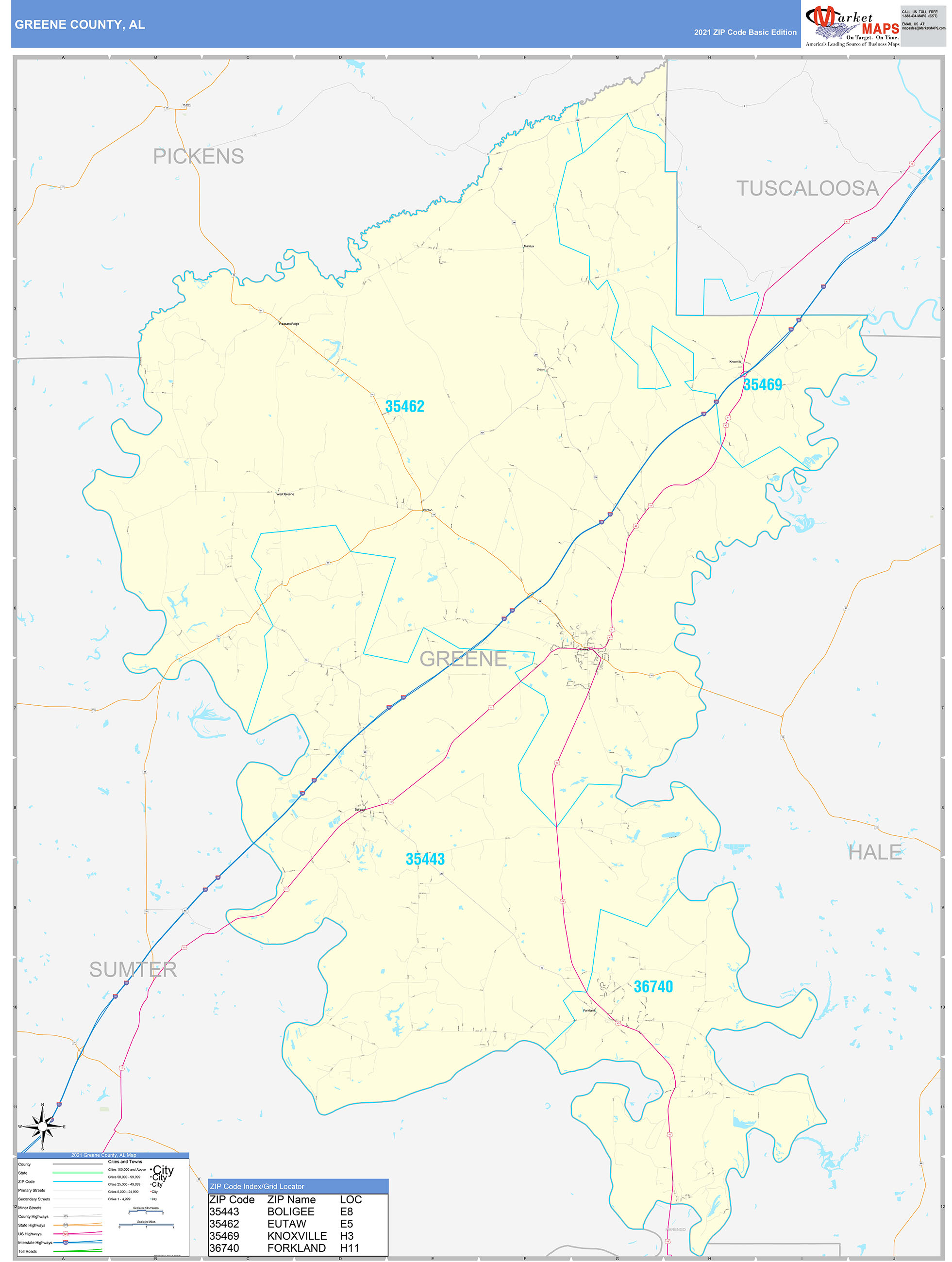 Greene County, AL Zip Code Wall Map Basic Style by MarketMAPS ...