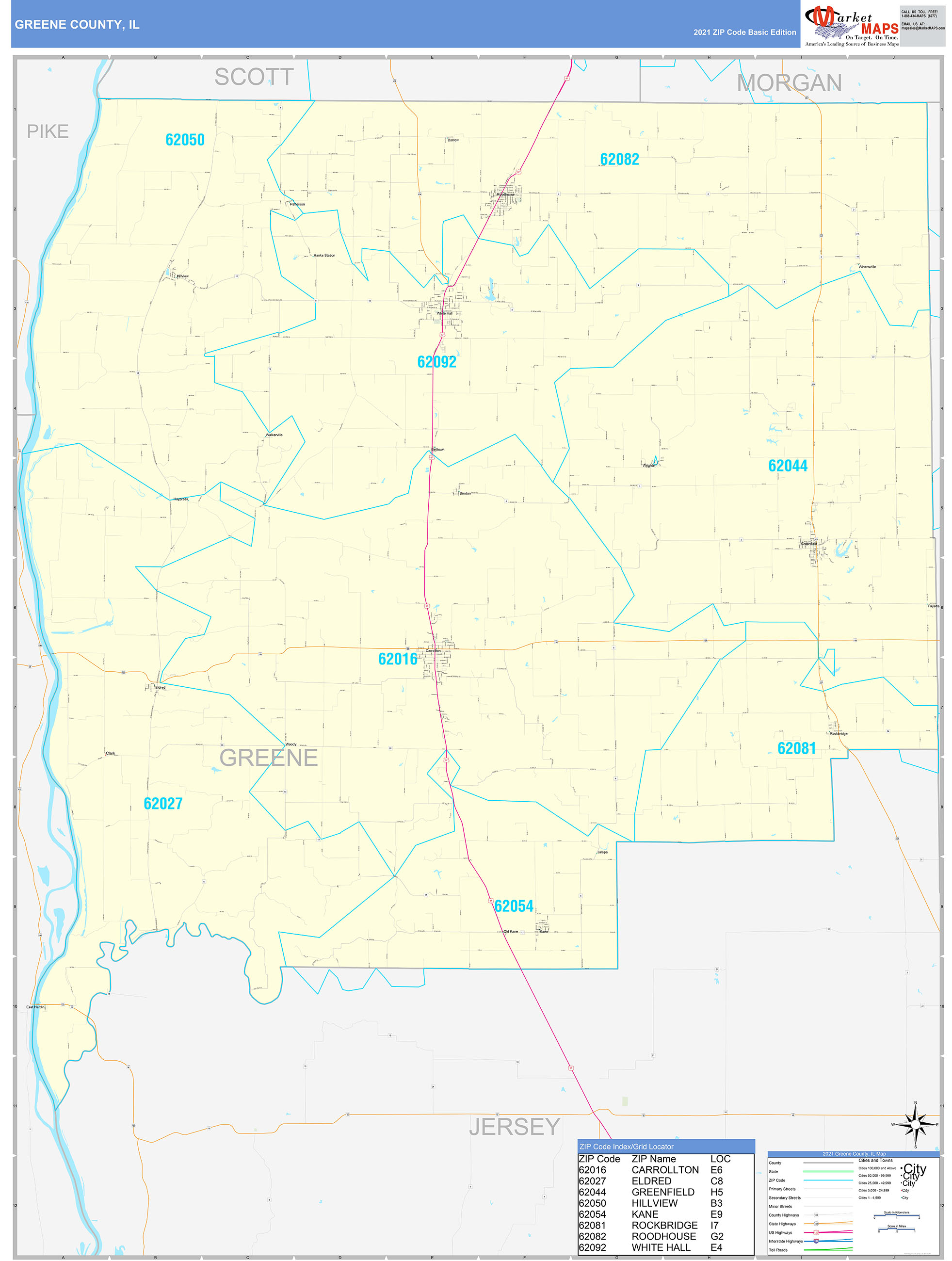 Greene County, IL Zip Code Wall Map Basic Style by MarketMAPS - MapSales