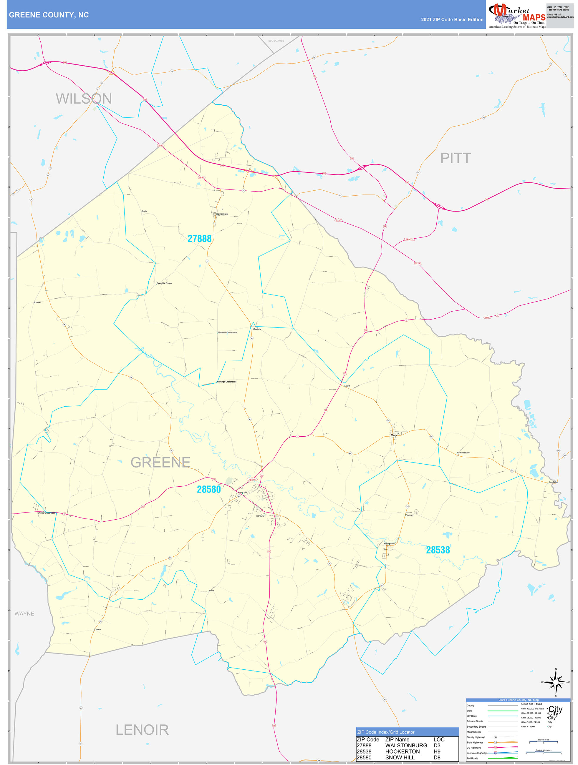 Greene County, NC Zip Code Wall Map Basic Style by MarketMAPS
