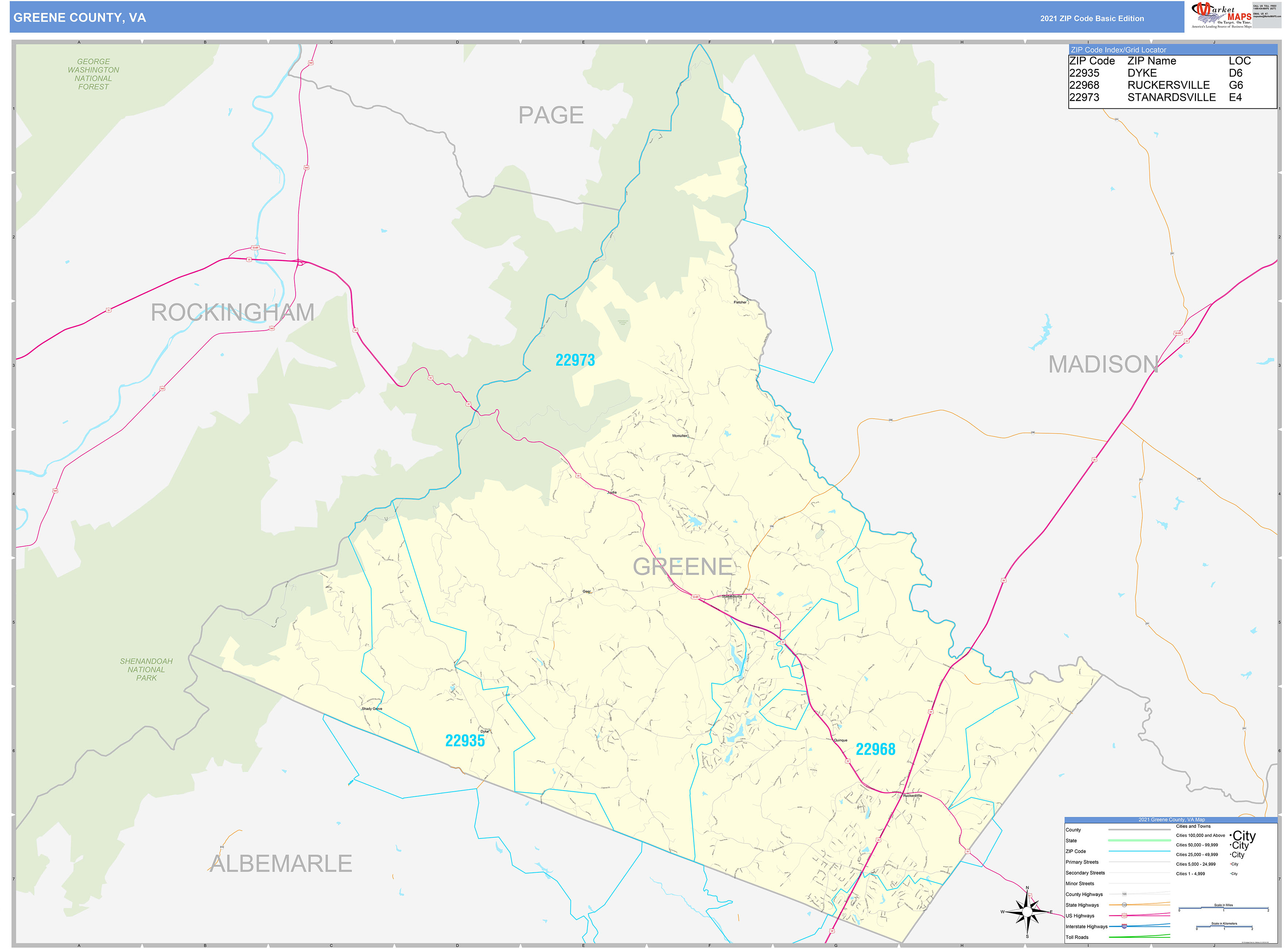 Greene County, VA Zip Code Wall Map Basic Style by MarketMAPS - MapSales