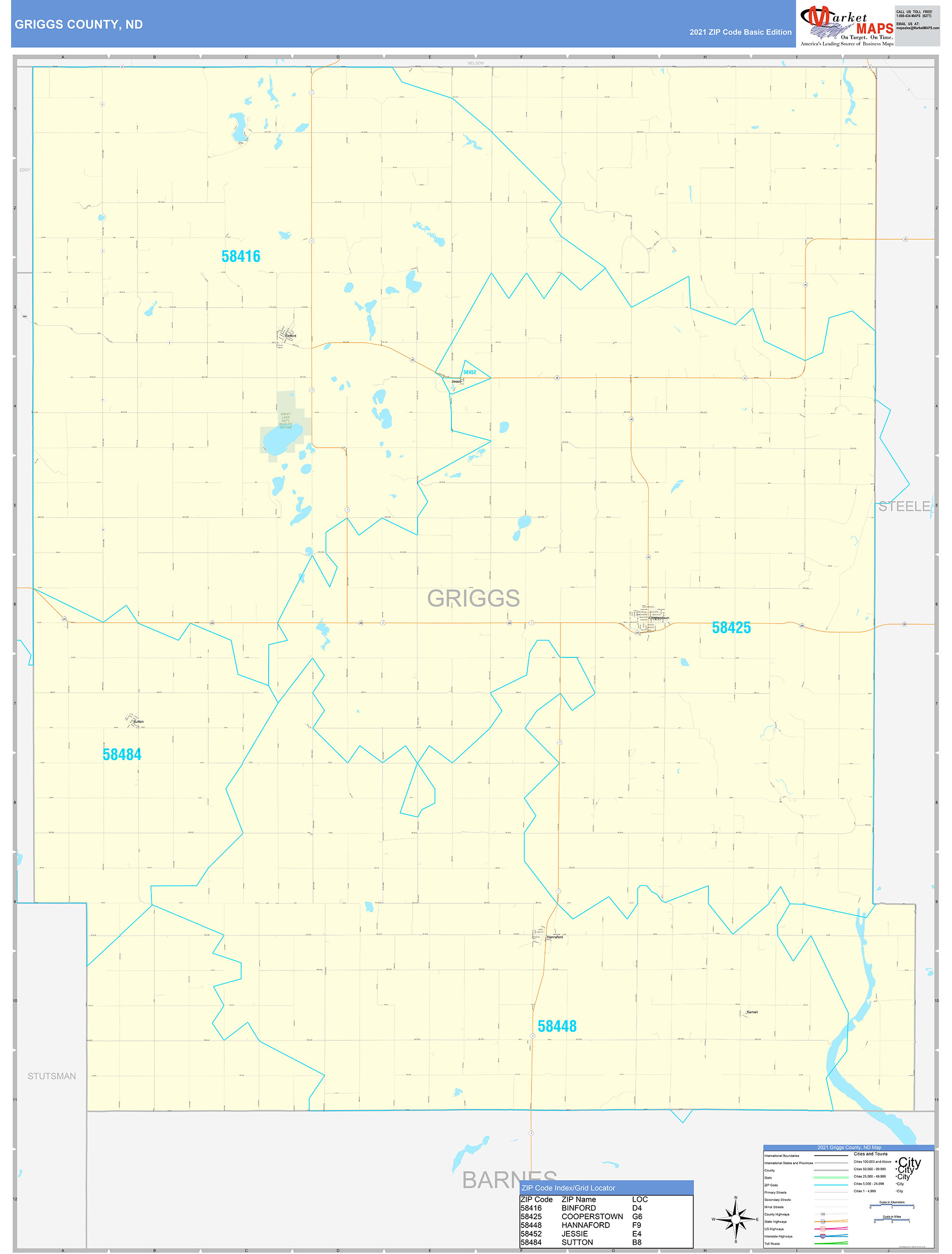 Griggs County, ND Zip Code Wall Map Basic Style by MarketMAPS