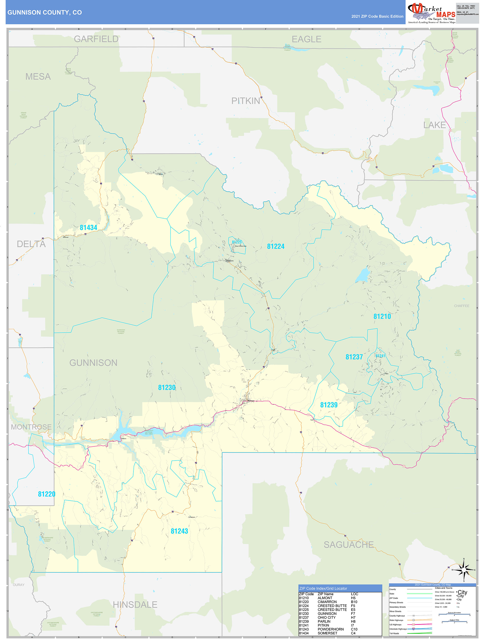 Gunnison County, CO Zip Code Wall Map Basic Style by MarketMAPS - MapSales