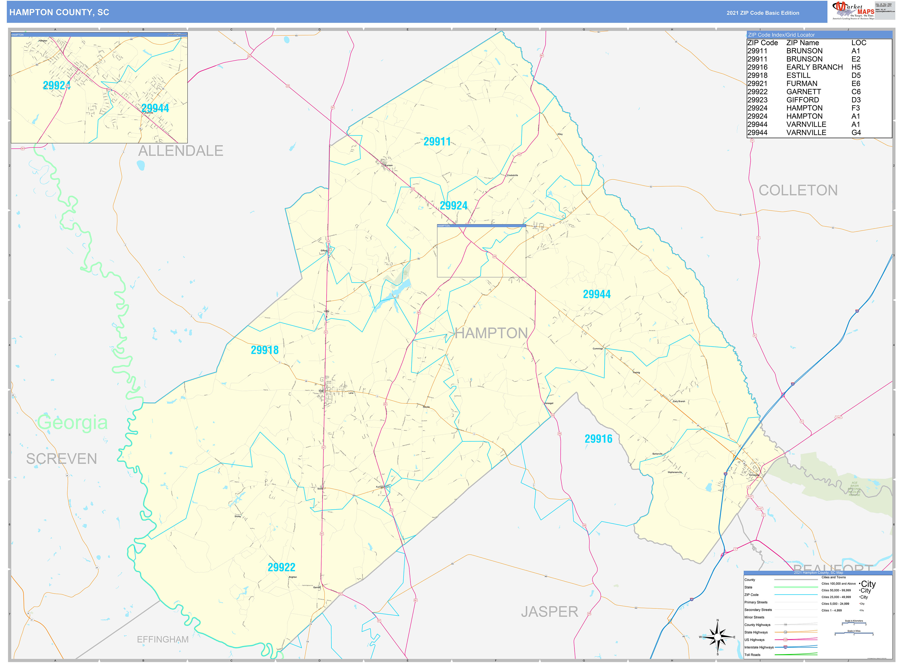 Hampton County, SC Zip Code Wall Map Basic Style by MarketMAPS - MapSales
