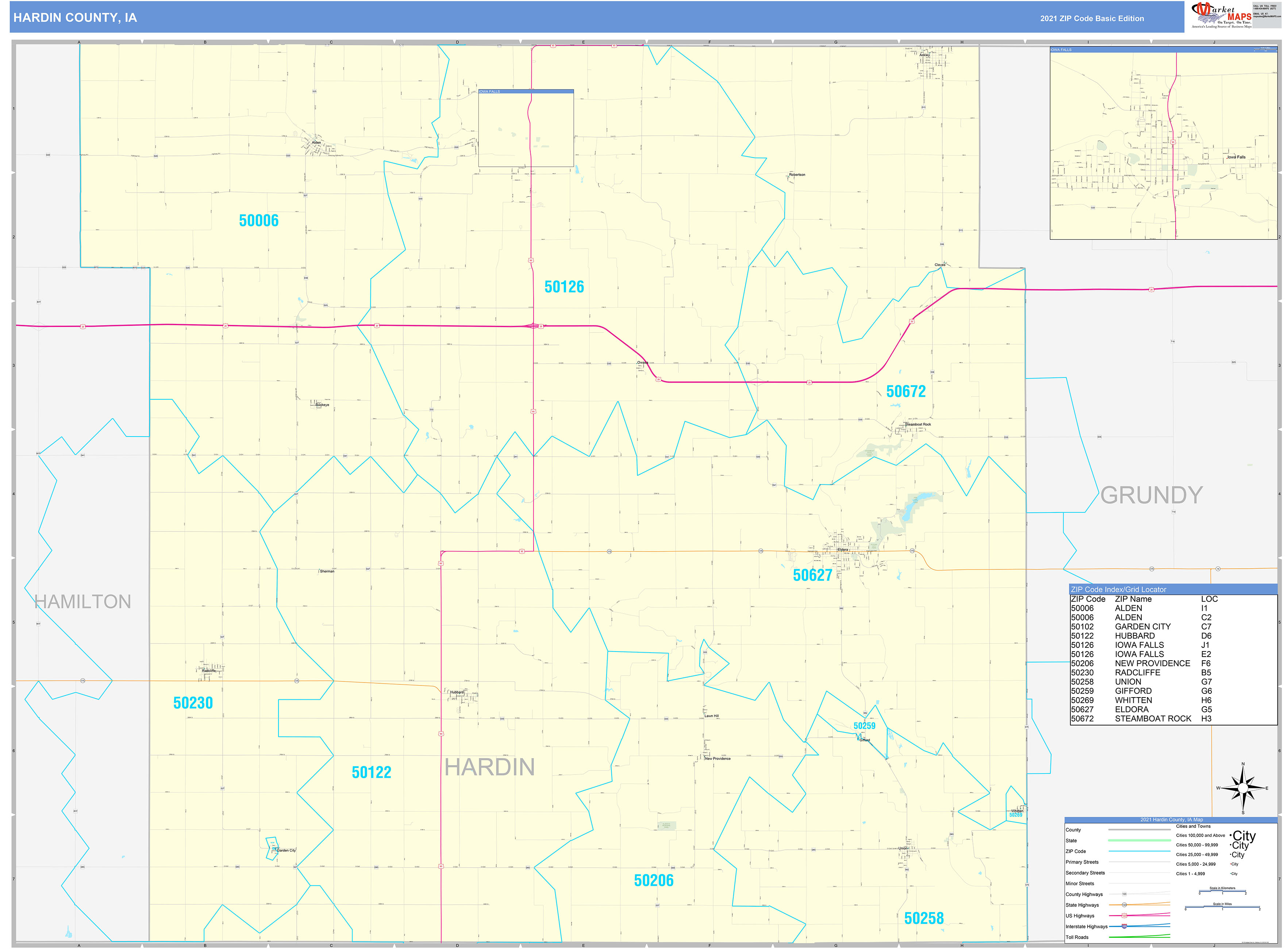 Hardin County, IA Zip Code Wall Map Basic Style by MarketMAPS - MapSales