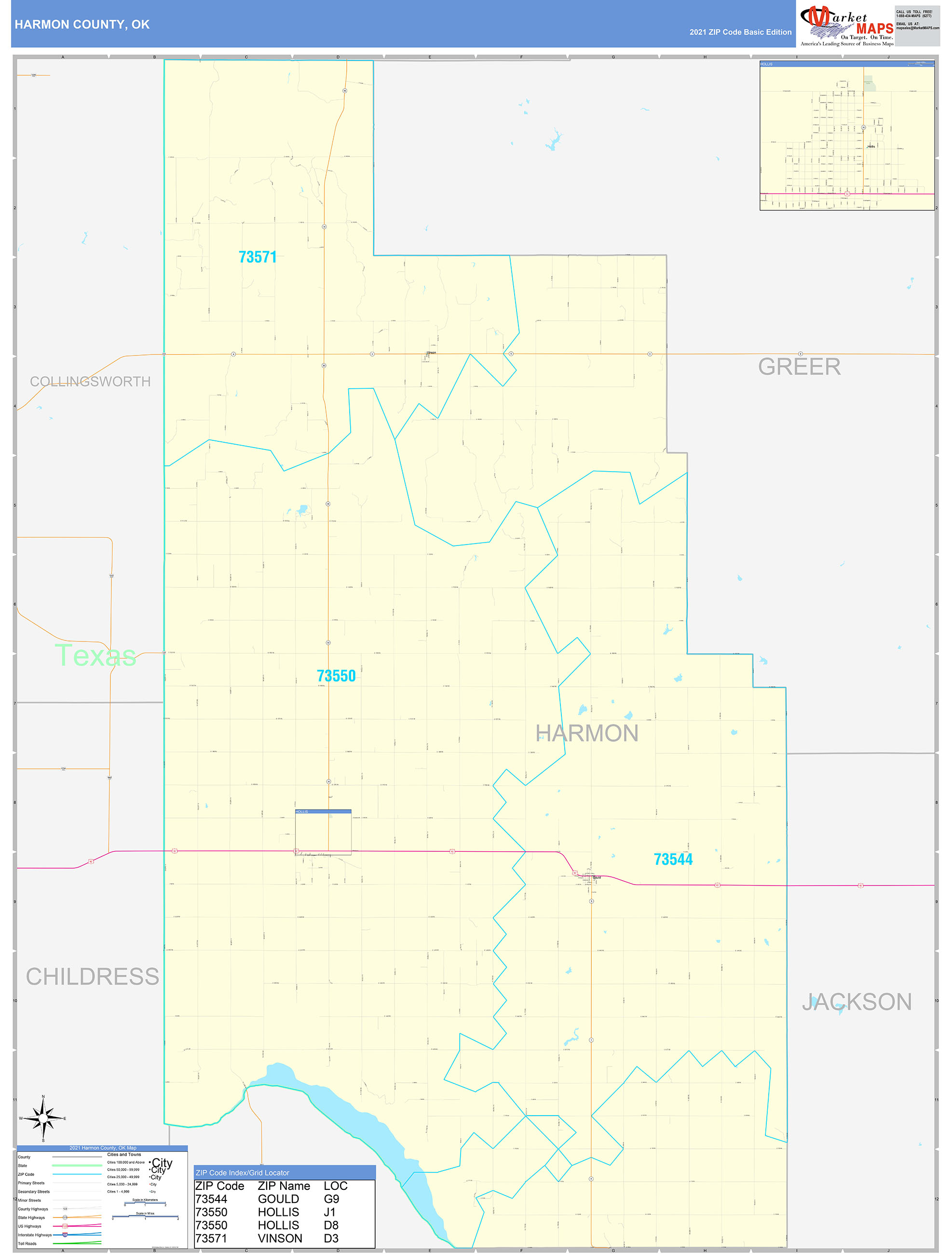 Harmon County, OK Zip Code Wall Map Basic Style by MarketMAPS - MapSales