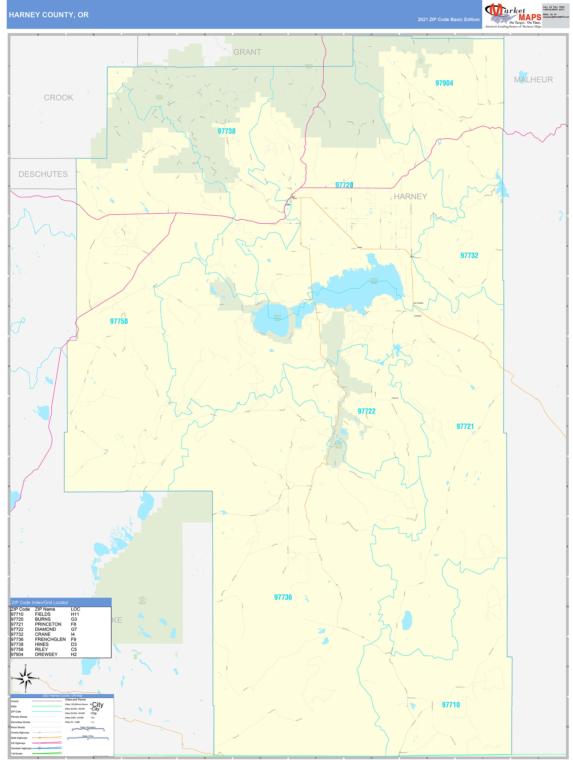 Harney County, OR Zip Code Wall Map Basic Style by MarketMAPS - MapSales