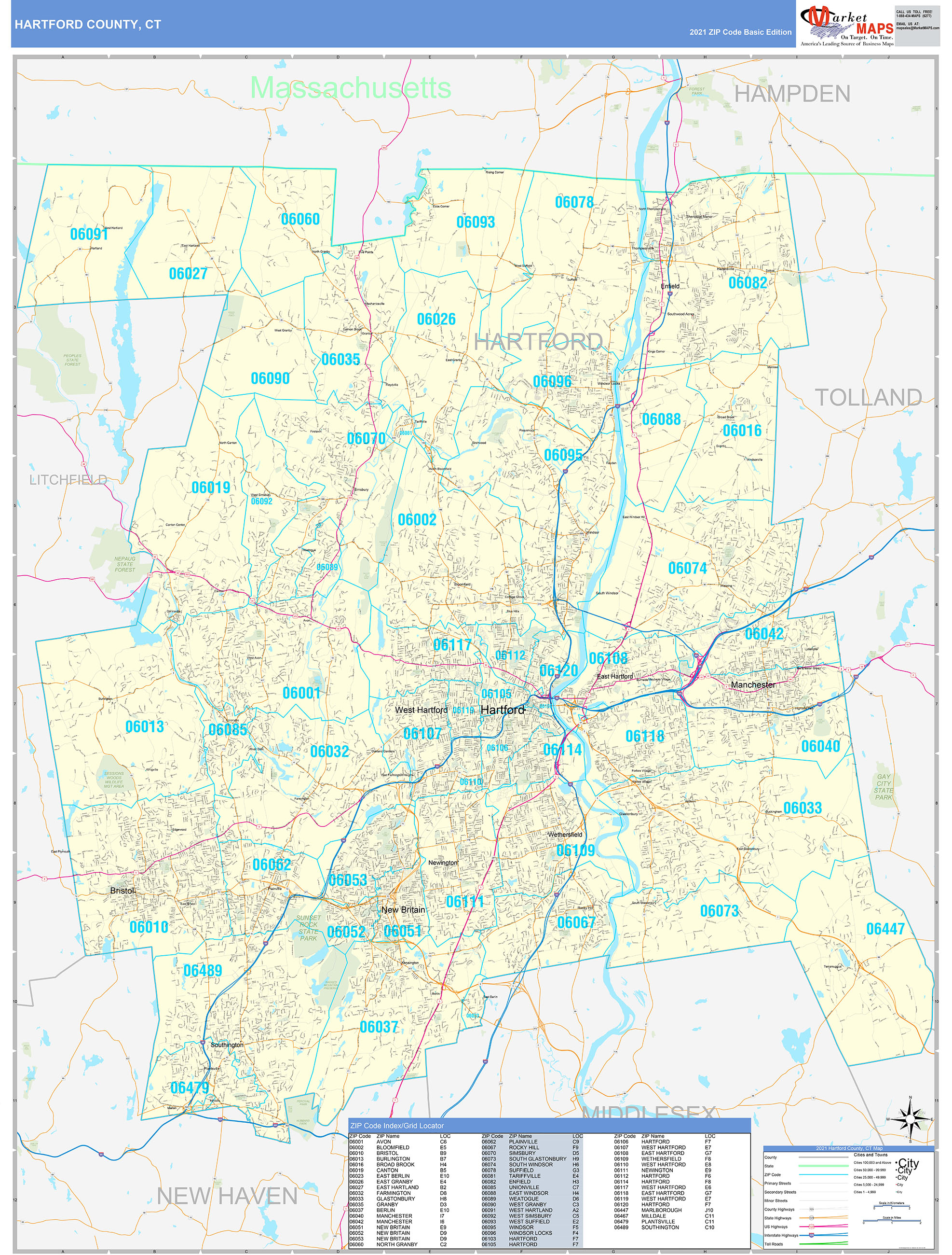 Hartford County, CT Zip Code Wall Map Basic Style by MarketMAPS - MapSales