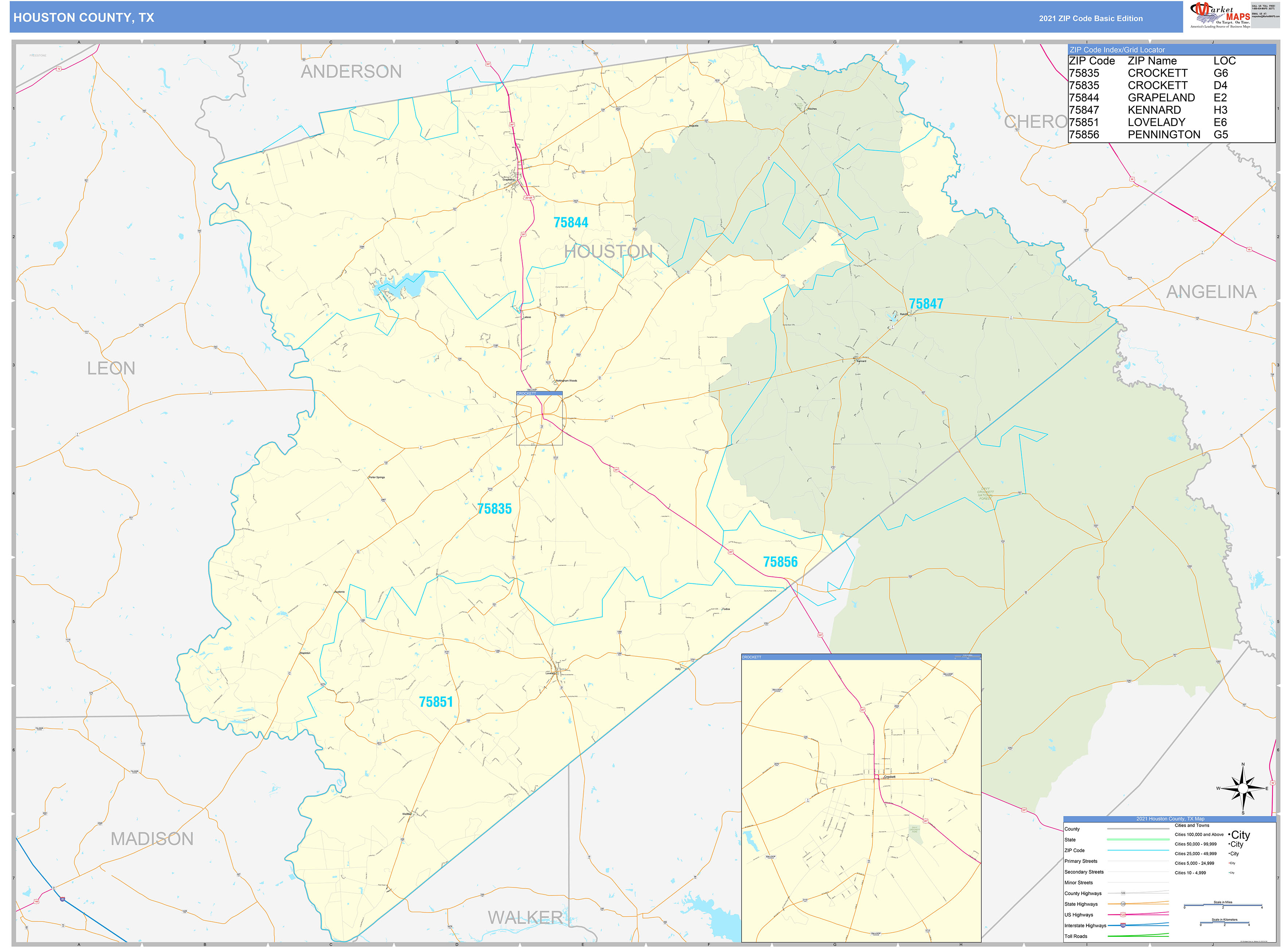 Houston County, TX Zip Code Wall Map Basic Style by MarketMAPS - MapSales
