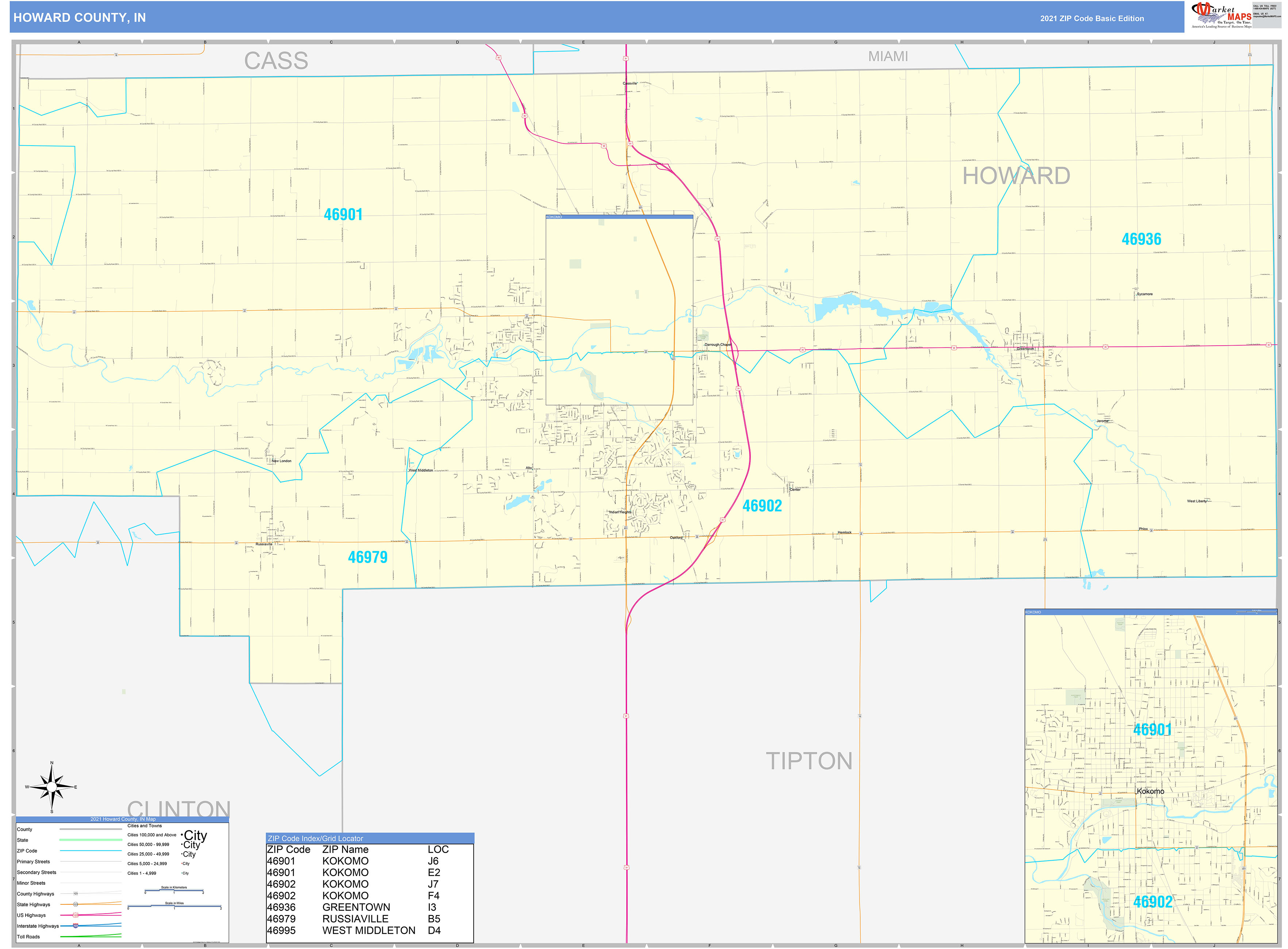 Howard County, IN Zip Code Wall Map Basic Style by MarketMAPS - MapSales