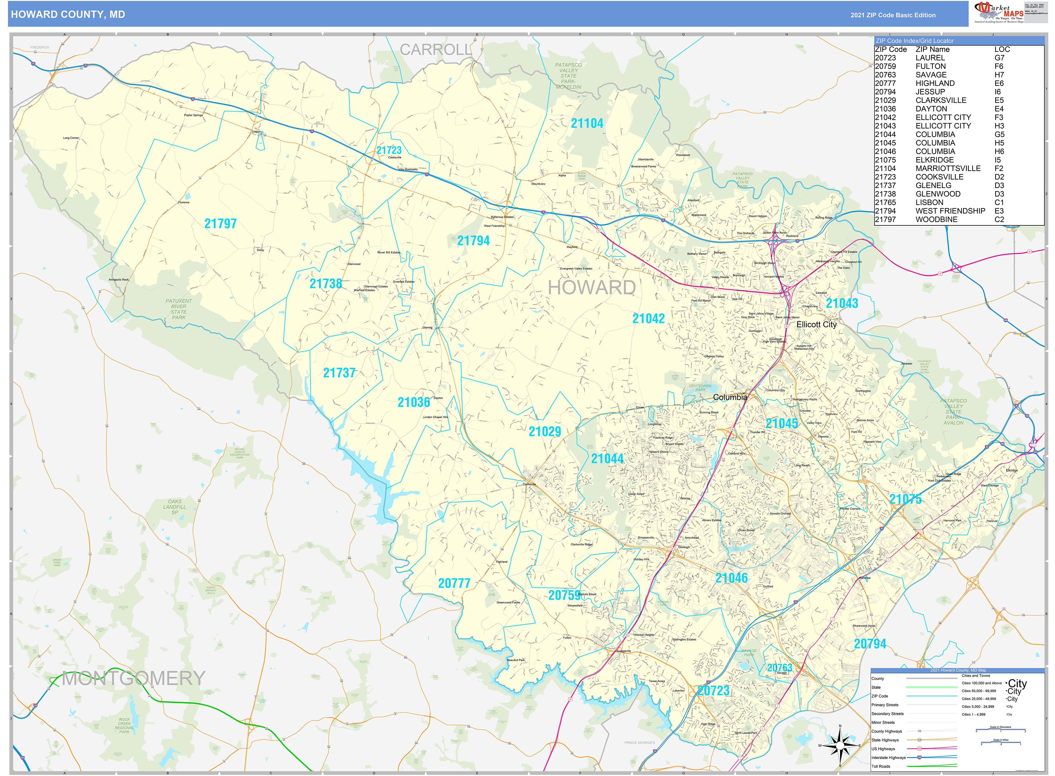 Howard County MD Zip Code Wall Map Basic Style By MarketMAPS MapSales