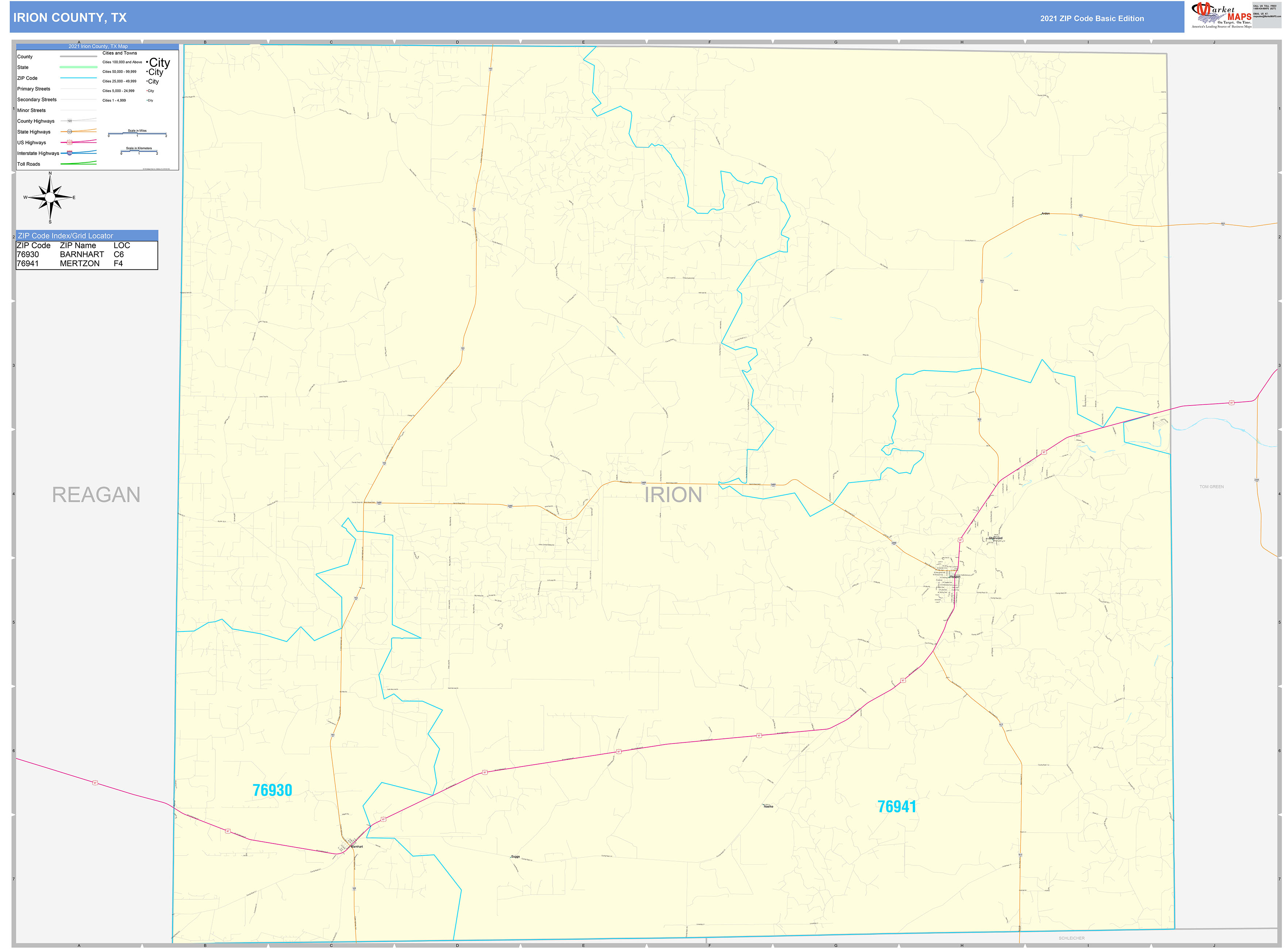 Irion County, TX Zip Code Wall Map Basic Style by MarketMAPS - MapSales