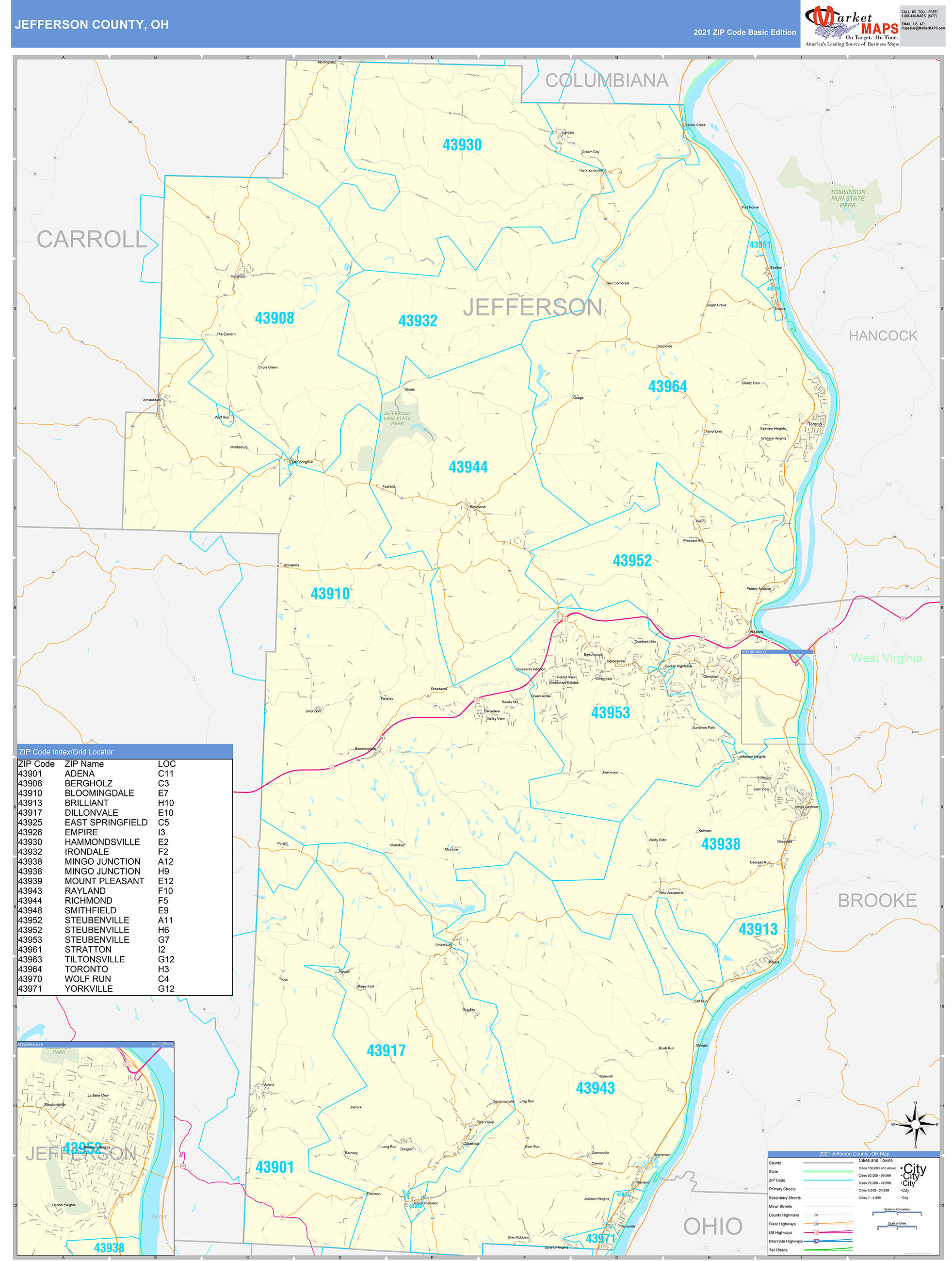 Jefferson County, OH Zip Code Wall Map Basic Style by MarketMAPS ...
