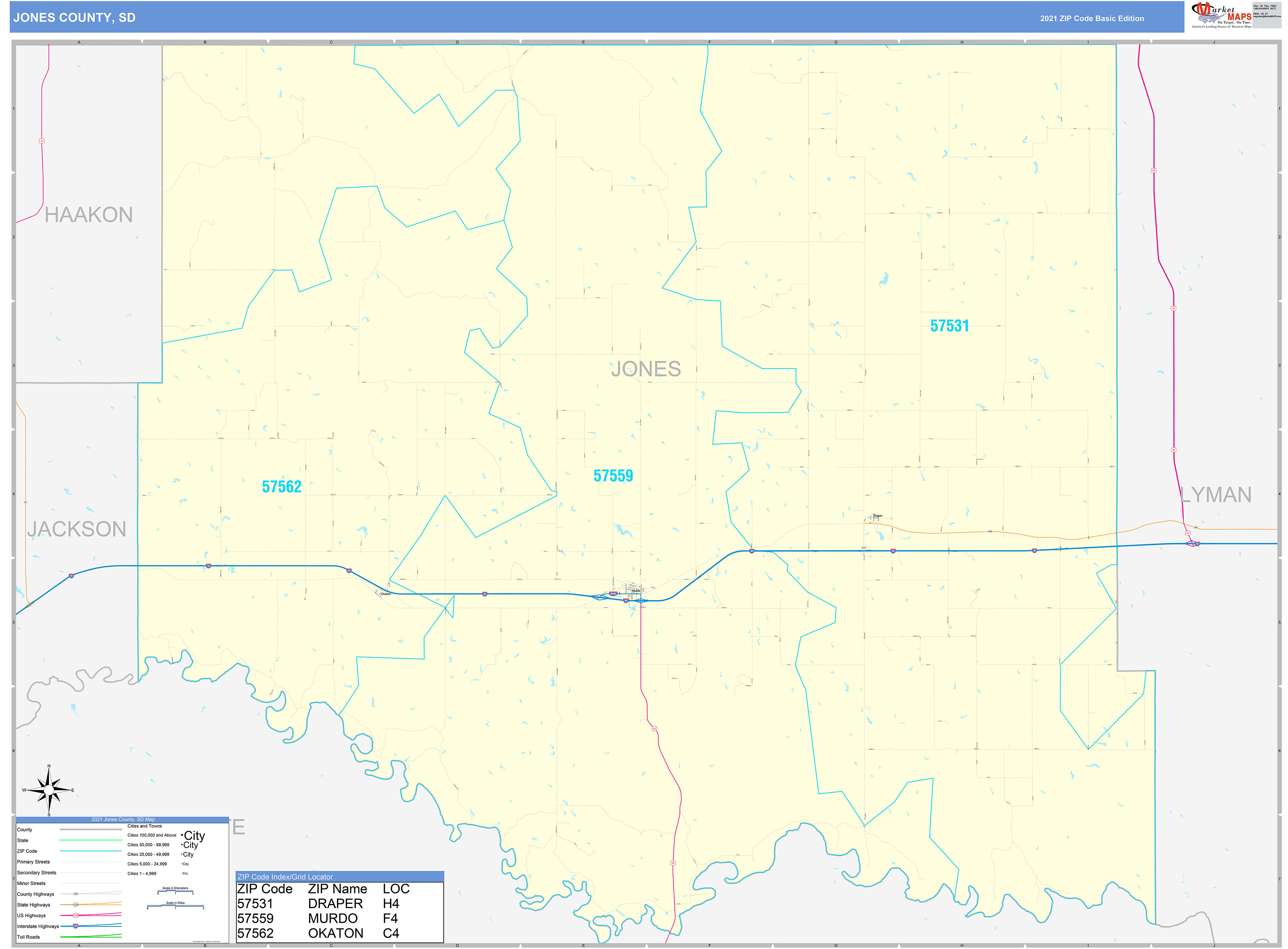 Jones County, SD Zip Code Wall Map Basic Style by MarketMAPS - MapSales