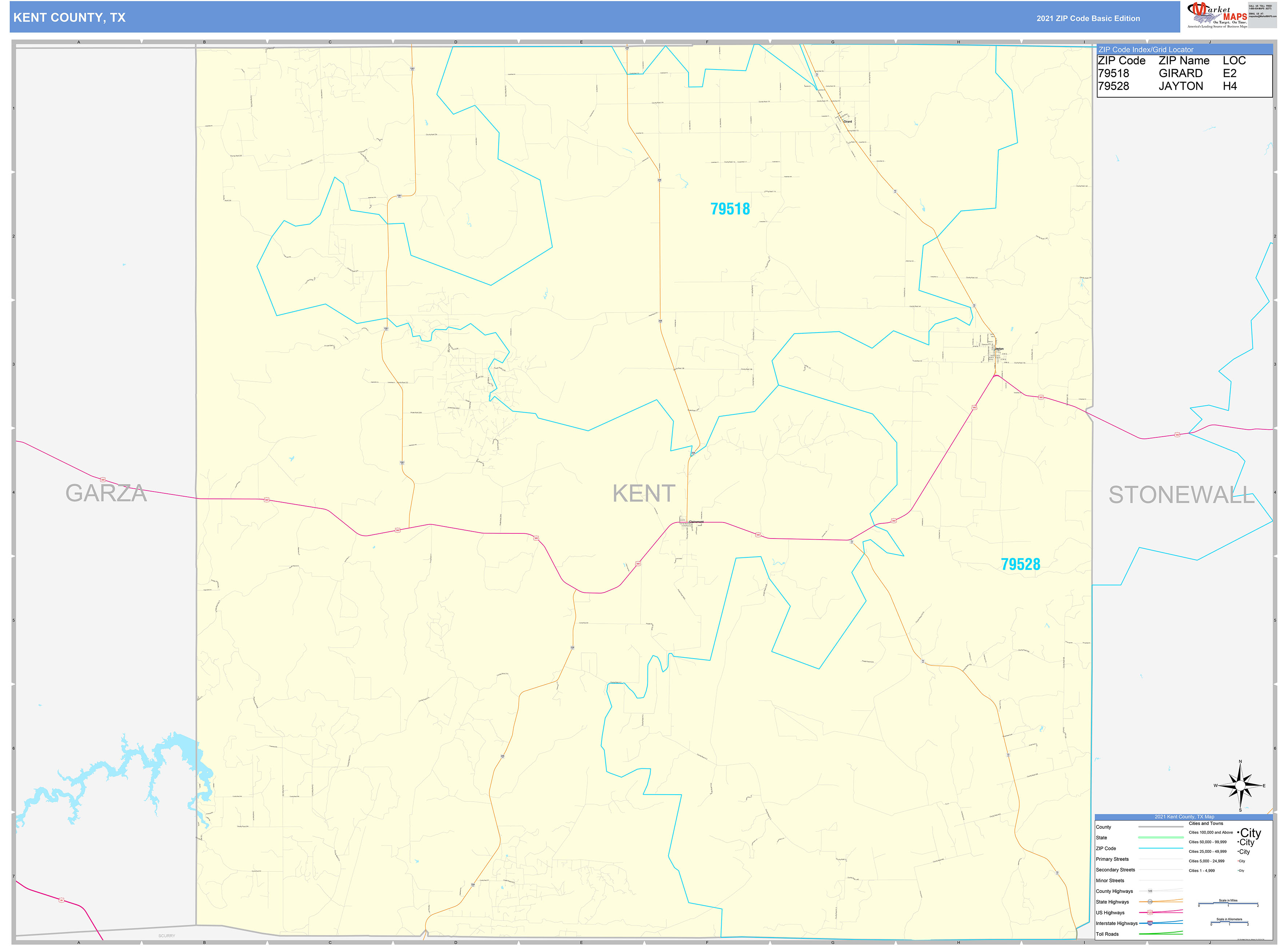 Kent County, TX Zip Code Wall Map Basic Style by MarketMAPS