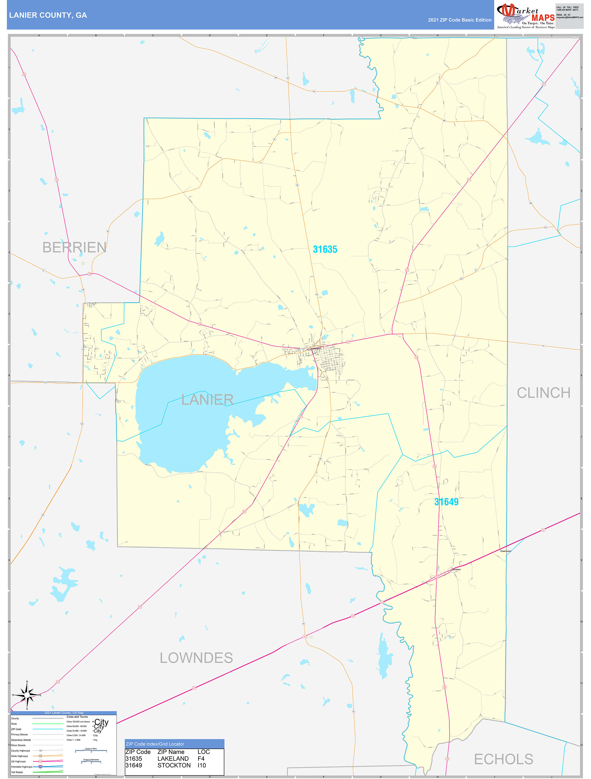 Lanier County, GA Zip Code Wall Map Basic Style by MarketMAPS - MapSales