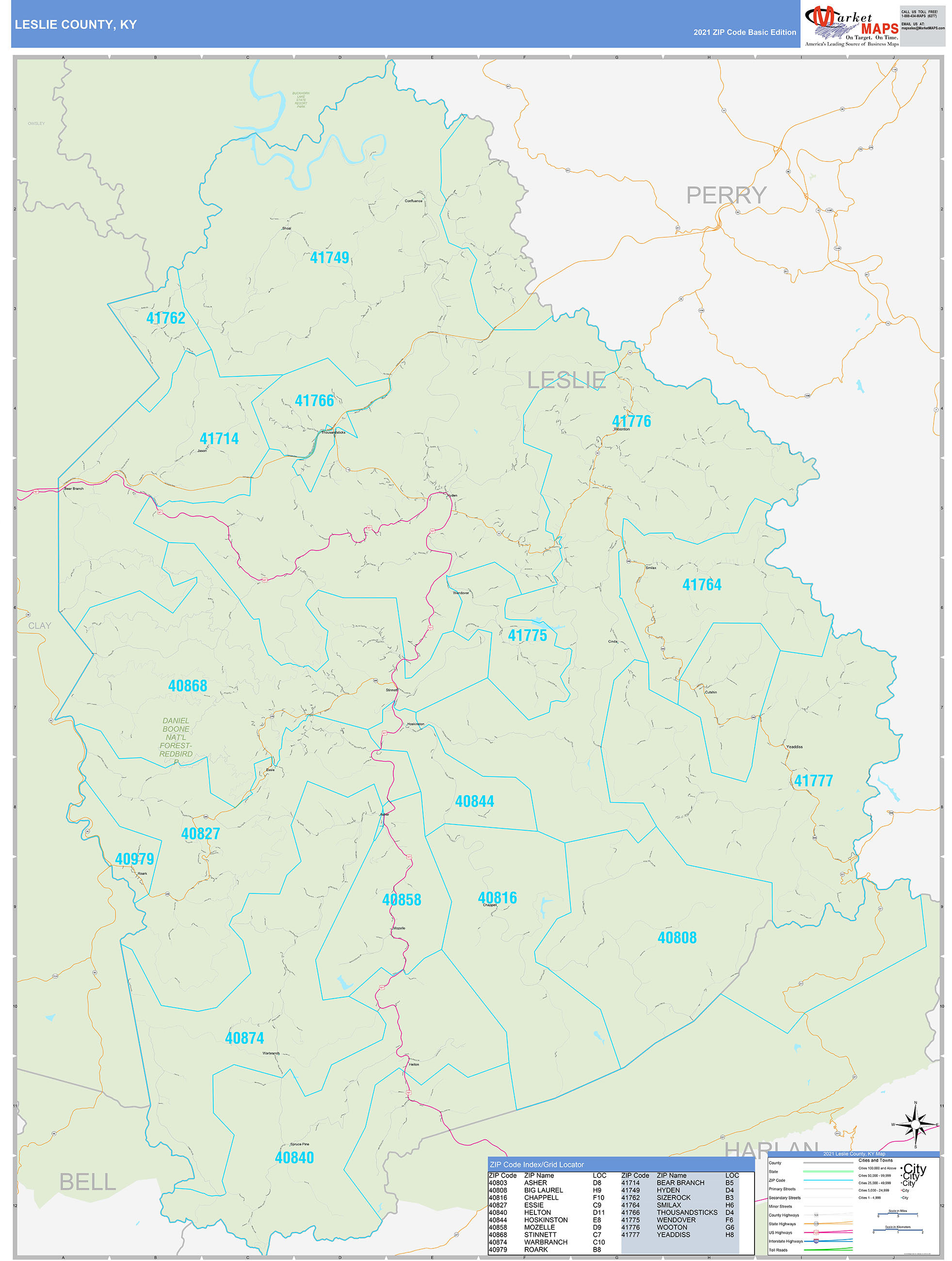 Leslie County Ky Zip Code Wall Map Basic Style By Marketmaps Mapsales
