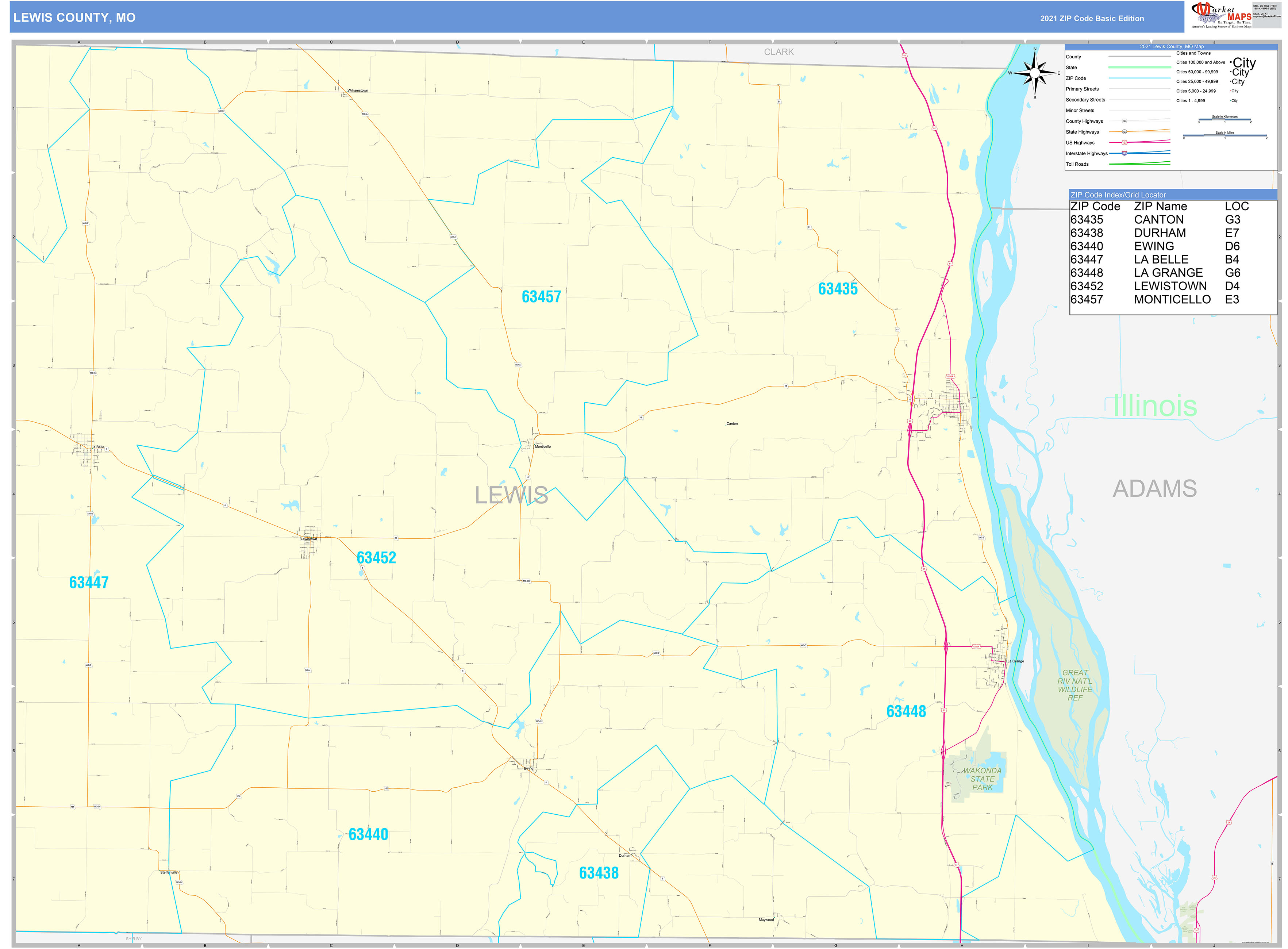 Lewis County, MO Zip Code Wall Map Basic Style by MarketMAPS - MapSales.com