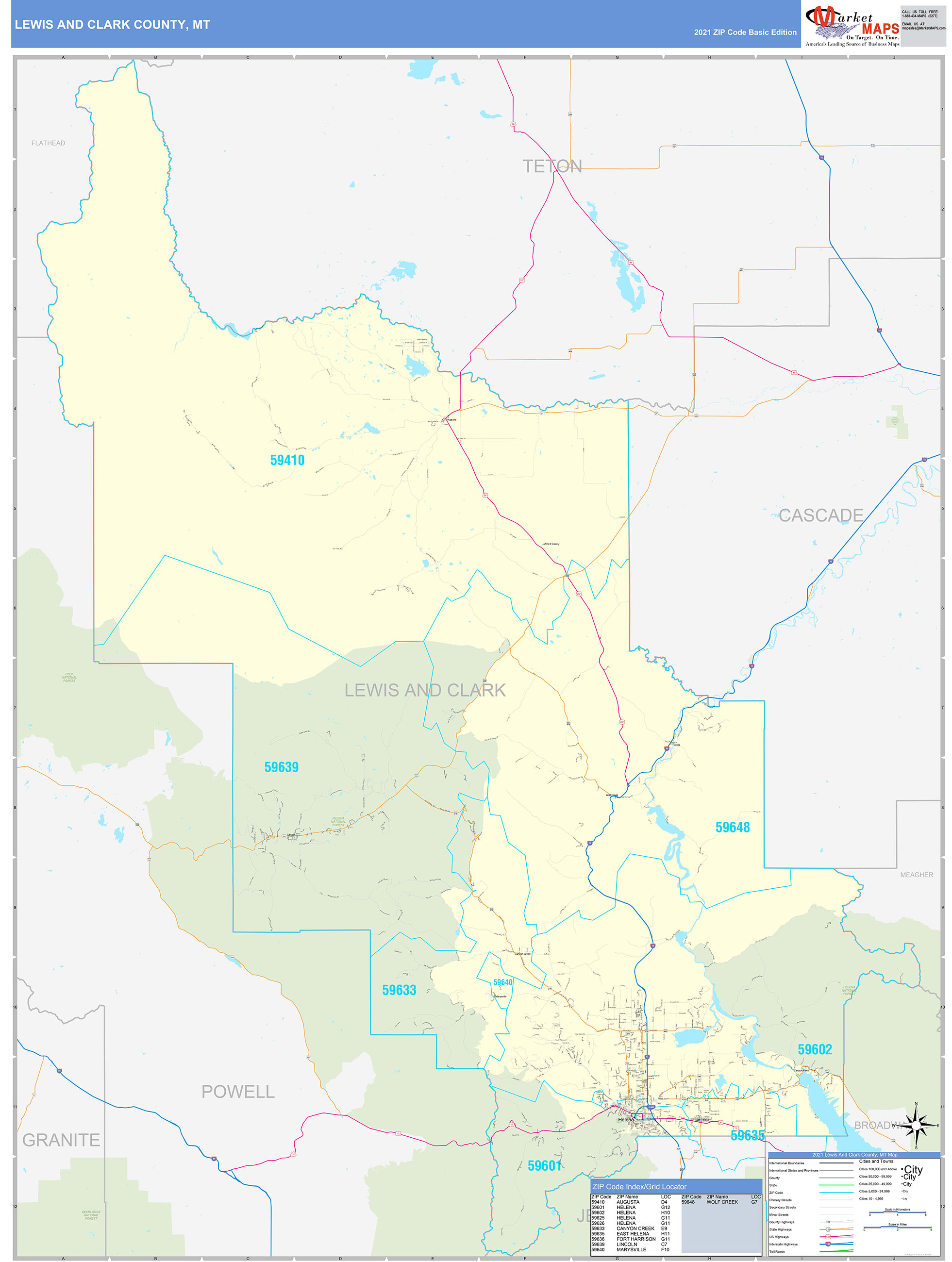 Lewis and Clark County, MT Zip Code Wall Map Basic Style by MarketMAPS