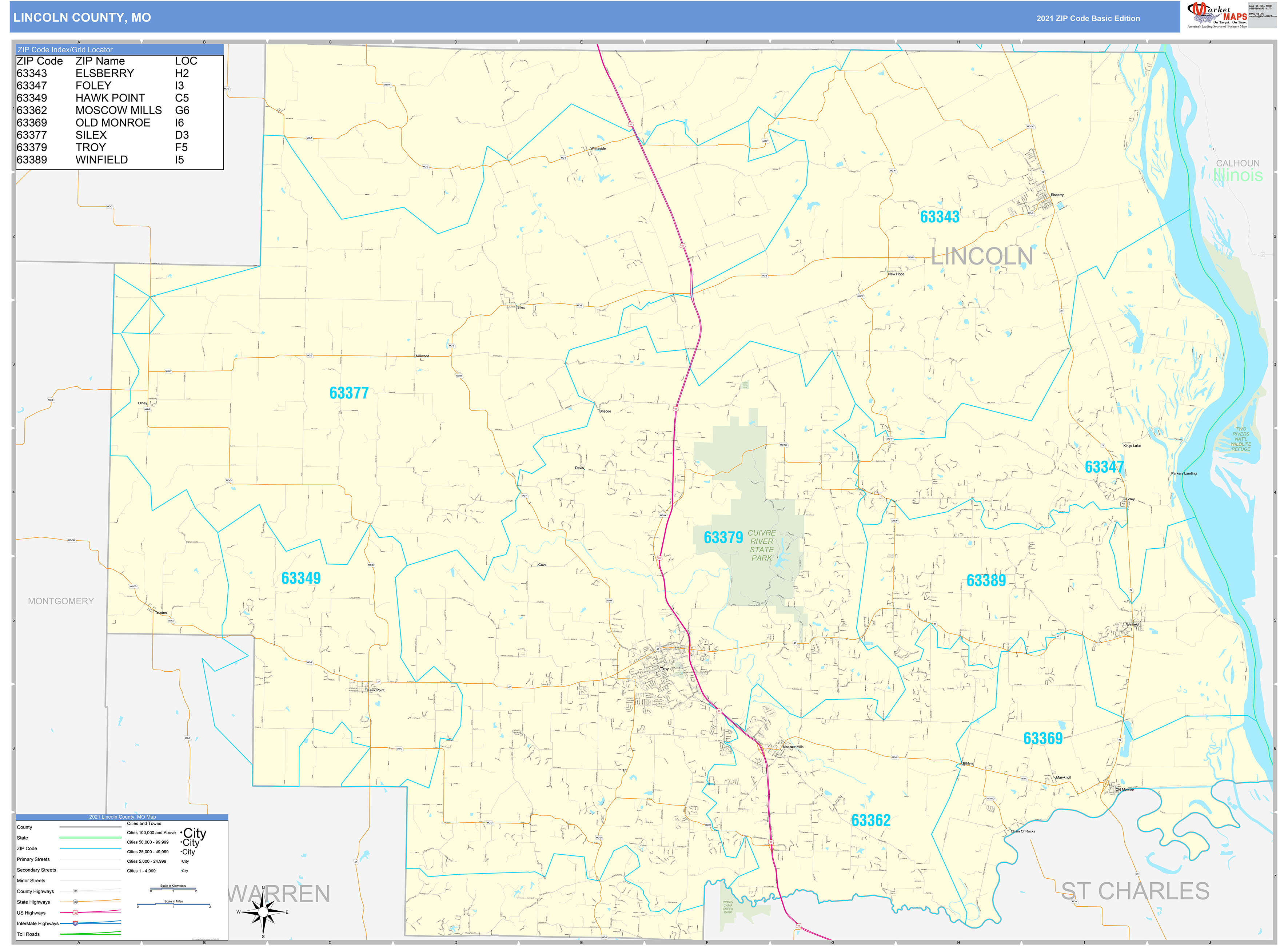 Lincoln County, MO Zip Code Wall Map Basic Style by MarketMAPS - MapSales