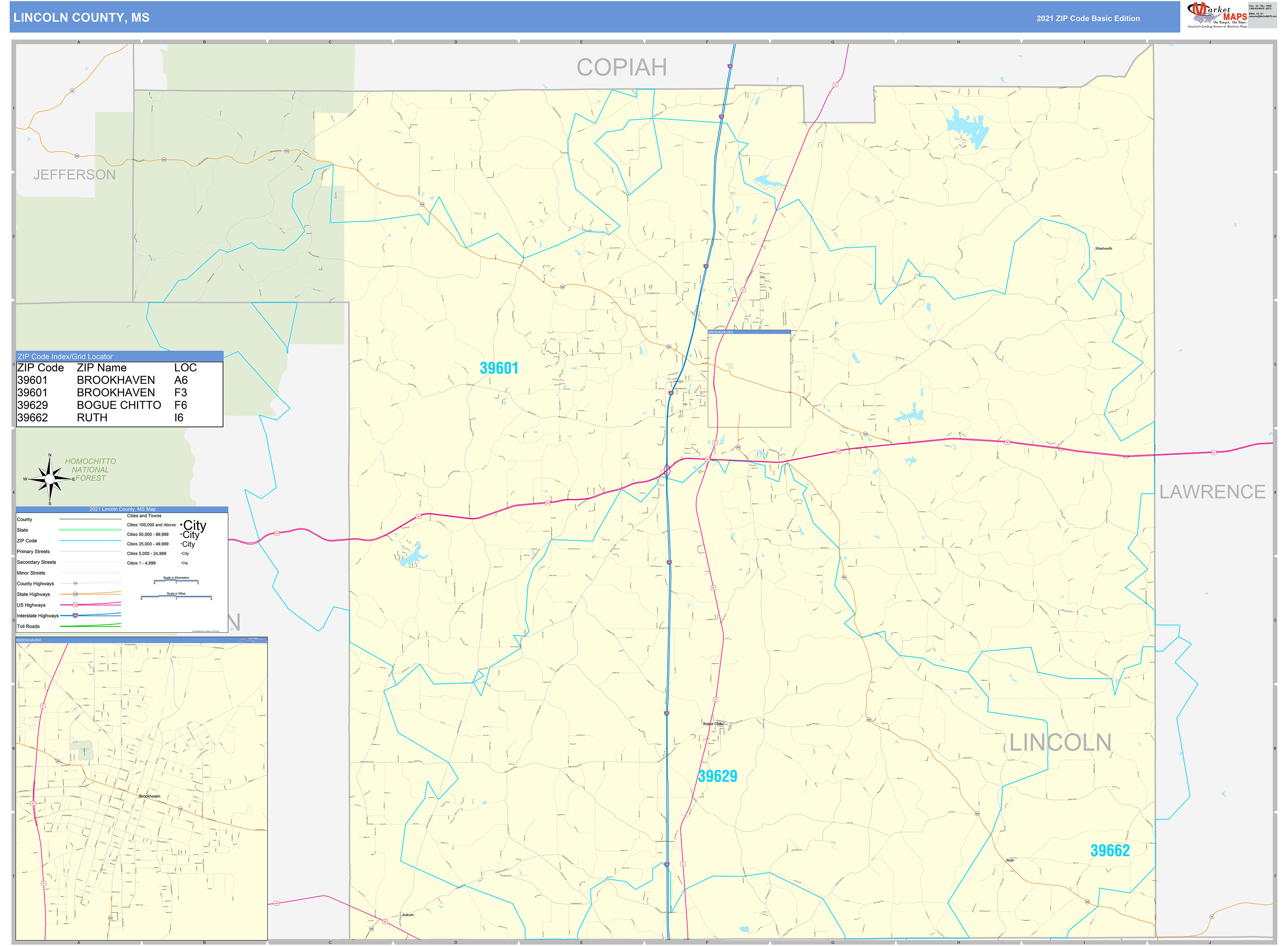 Lincoln County, MS Zip Code Wall Map Basic Style by MarketMAPS - MapSales