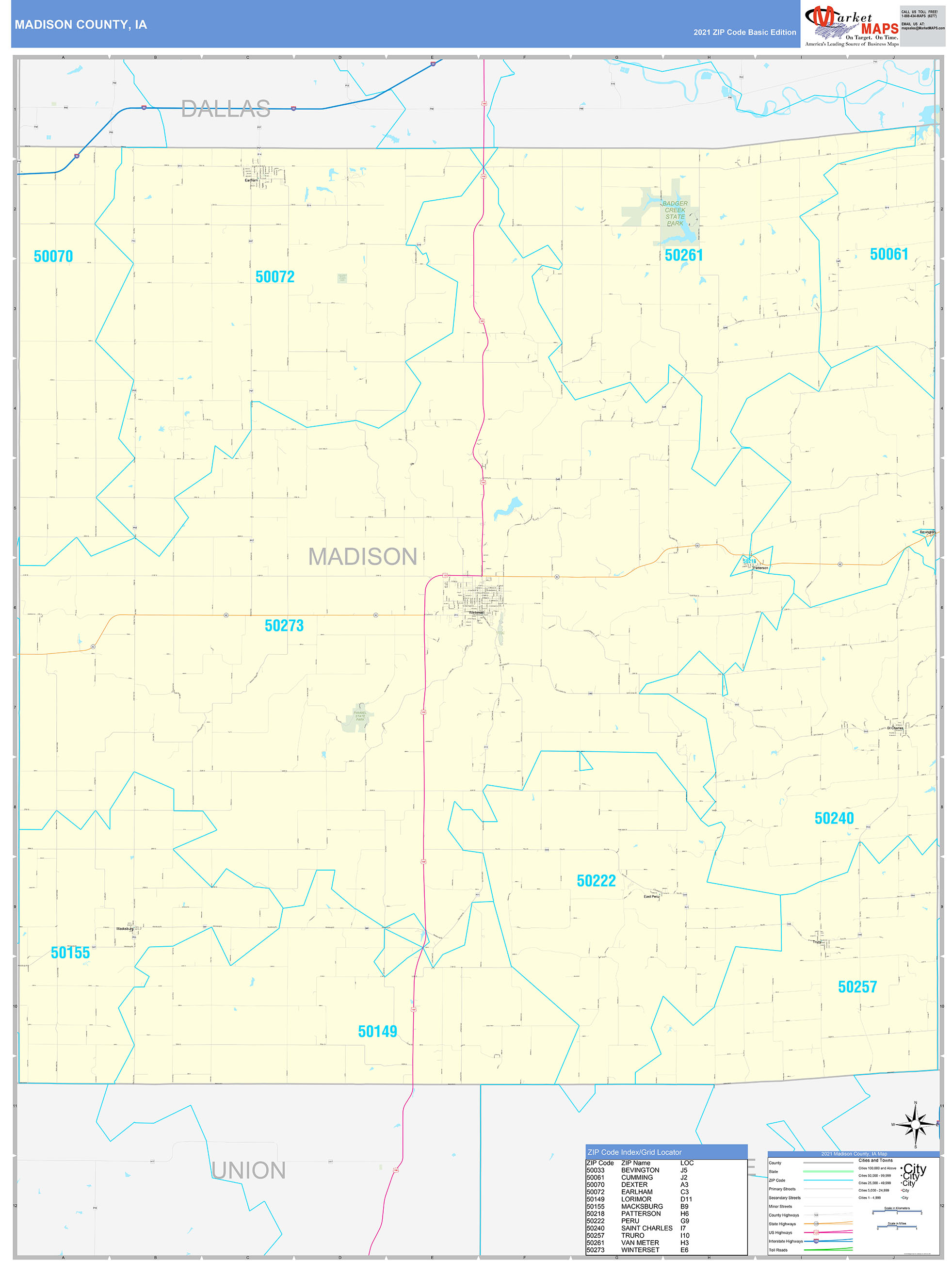 Madison County, IA Zip Code Wall Map Basic Style by MarketMAPS - MapSales