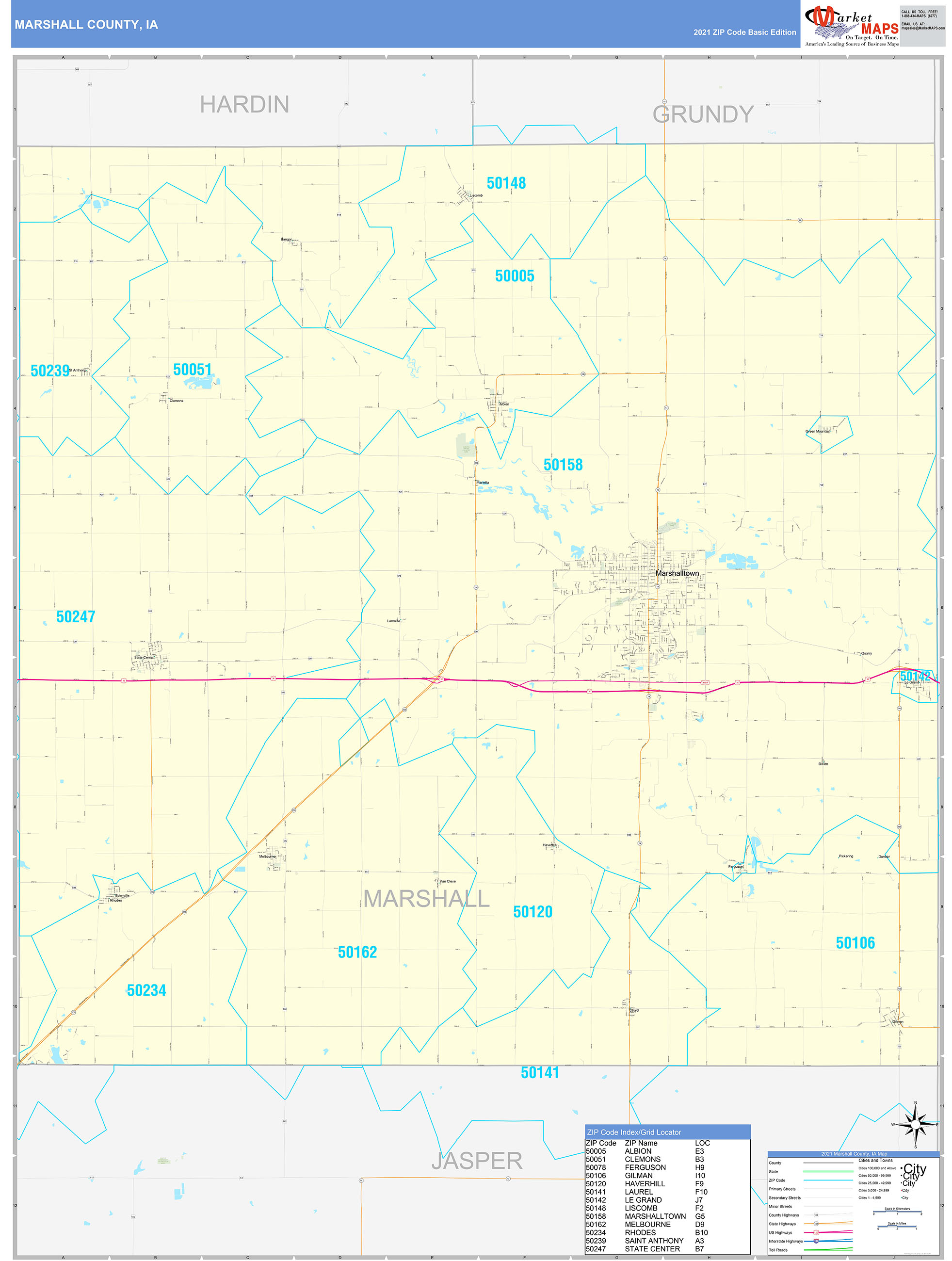Marshall County, IA Zip Code Wall Map Basic Style by MarketMAPS - MapSales