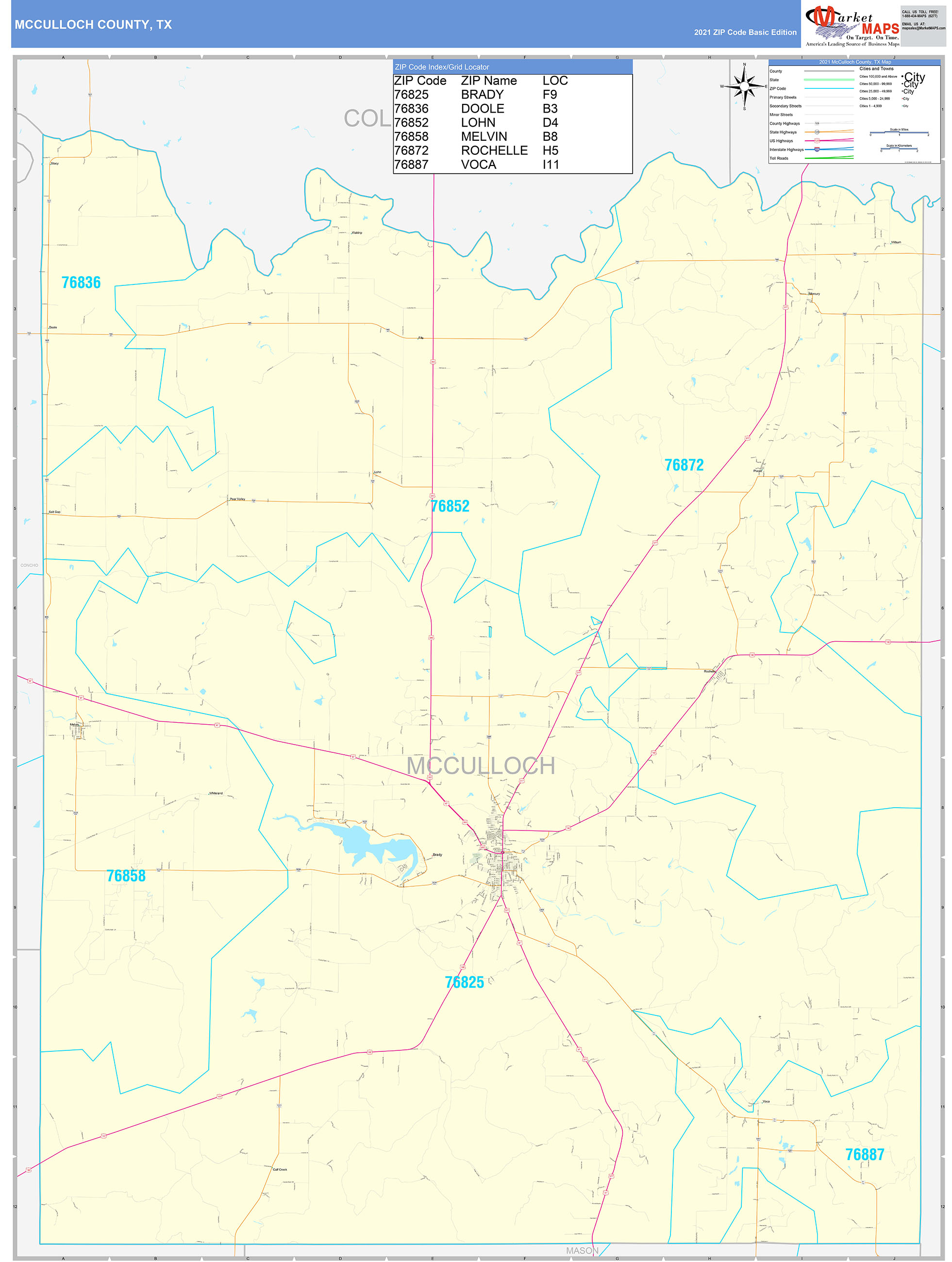 McCulloch County, TX Zip Code Wall Map Basic Style by MarketMAPS - MapSales