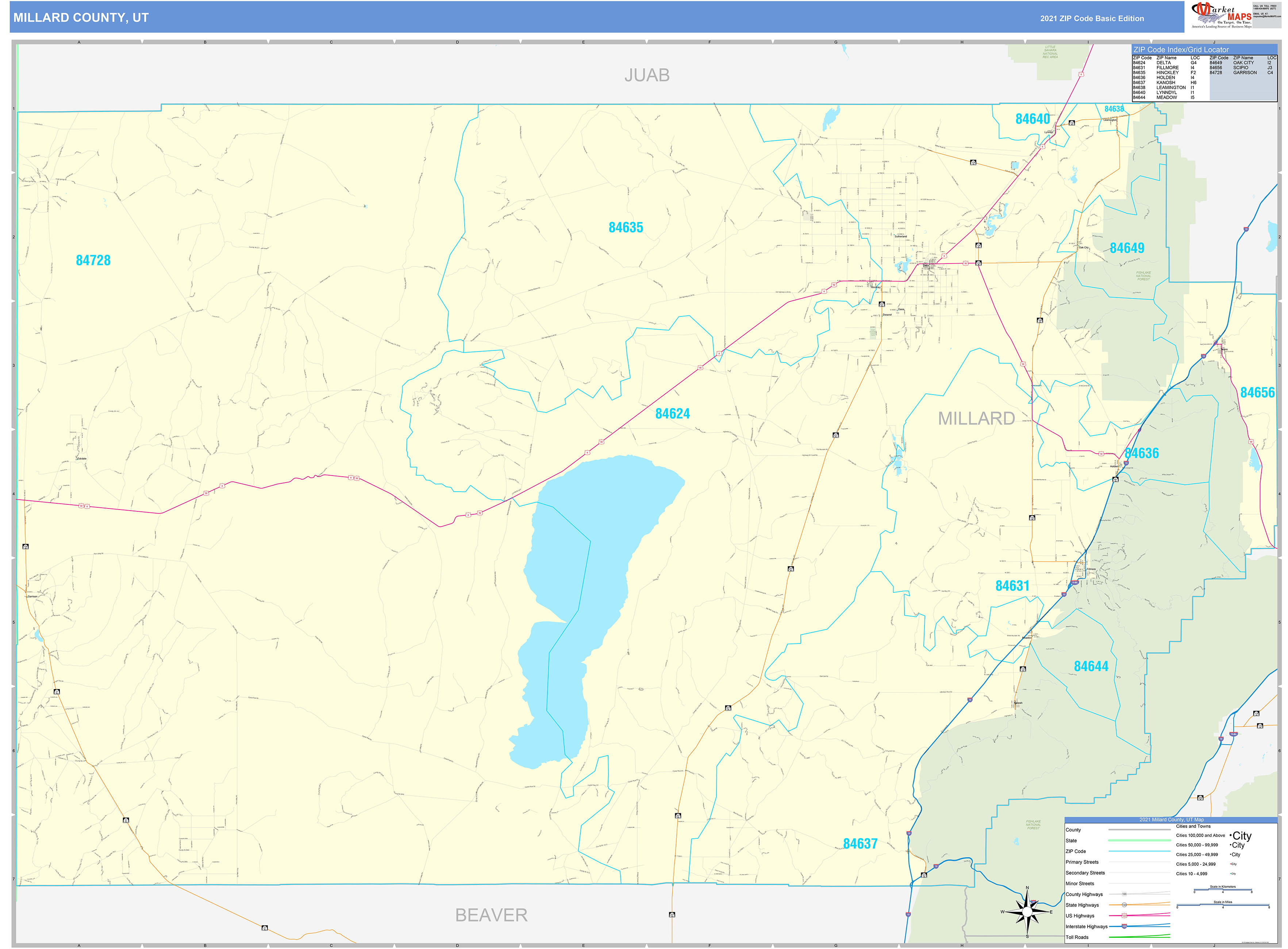Millard County, UT Zip Code Wall Map Basic Style by MarketMAPS ...